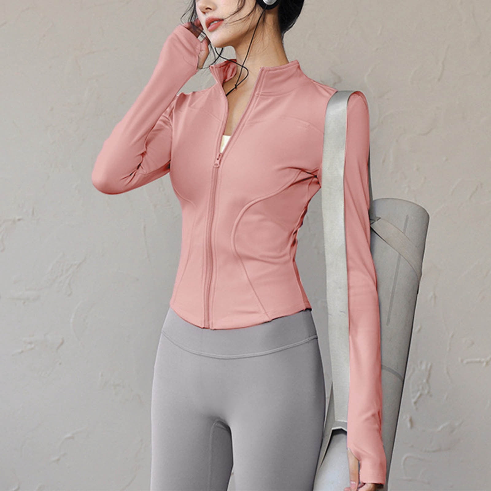 Women's Workout Jacket Cropped High Elastic Zip Up Yoga Jacket Long ...