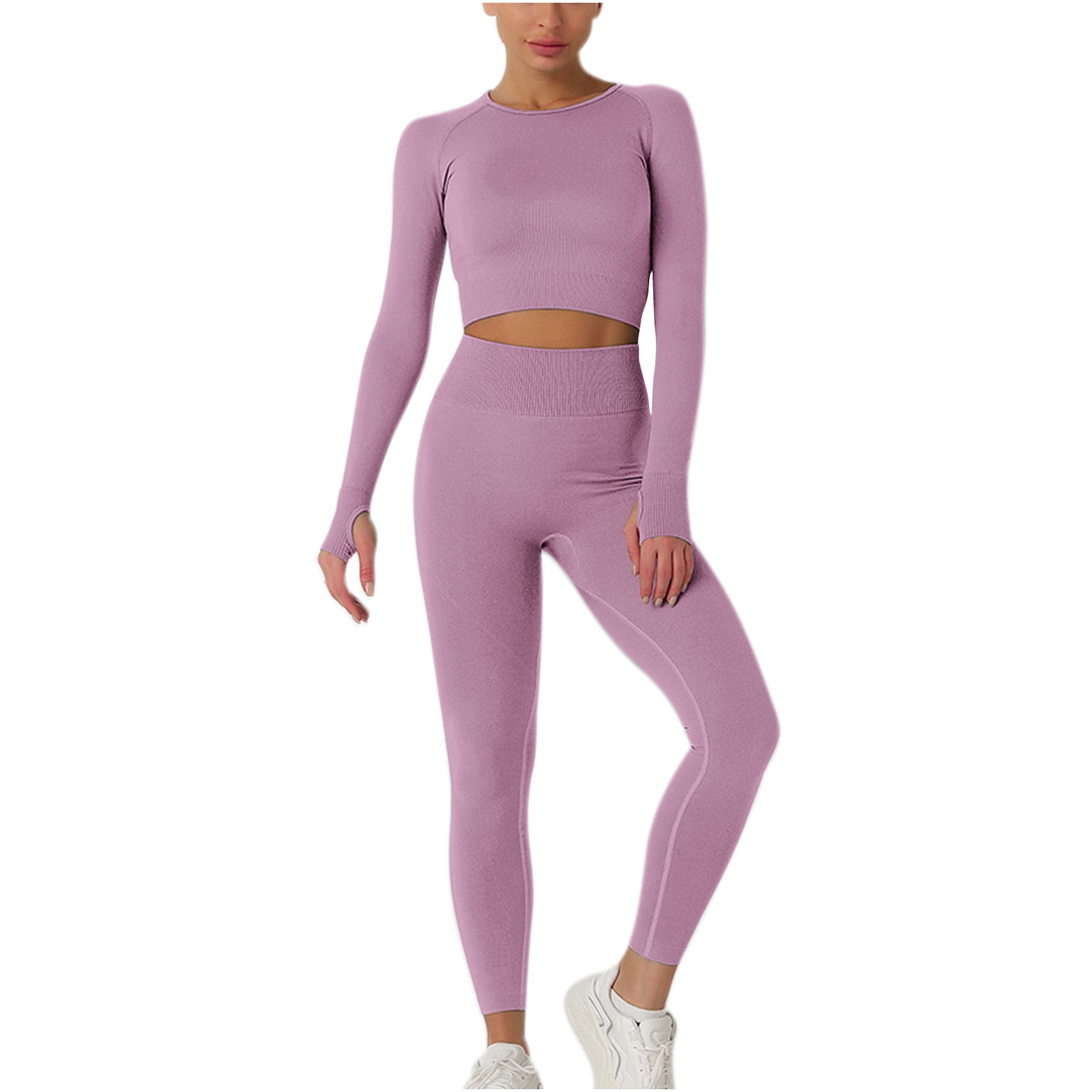 Women's Workout Tracksuit 2 Piece Outfits Long Sleeve Seamless Crop Top and High Waist Legging ...