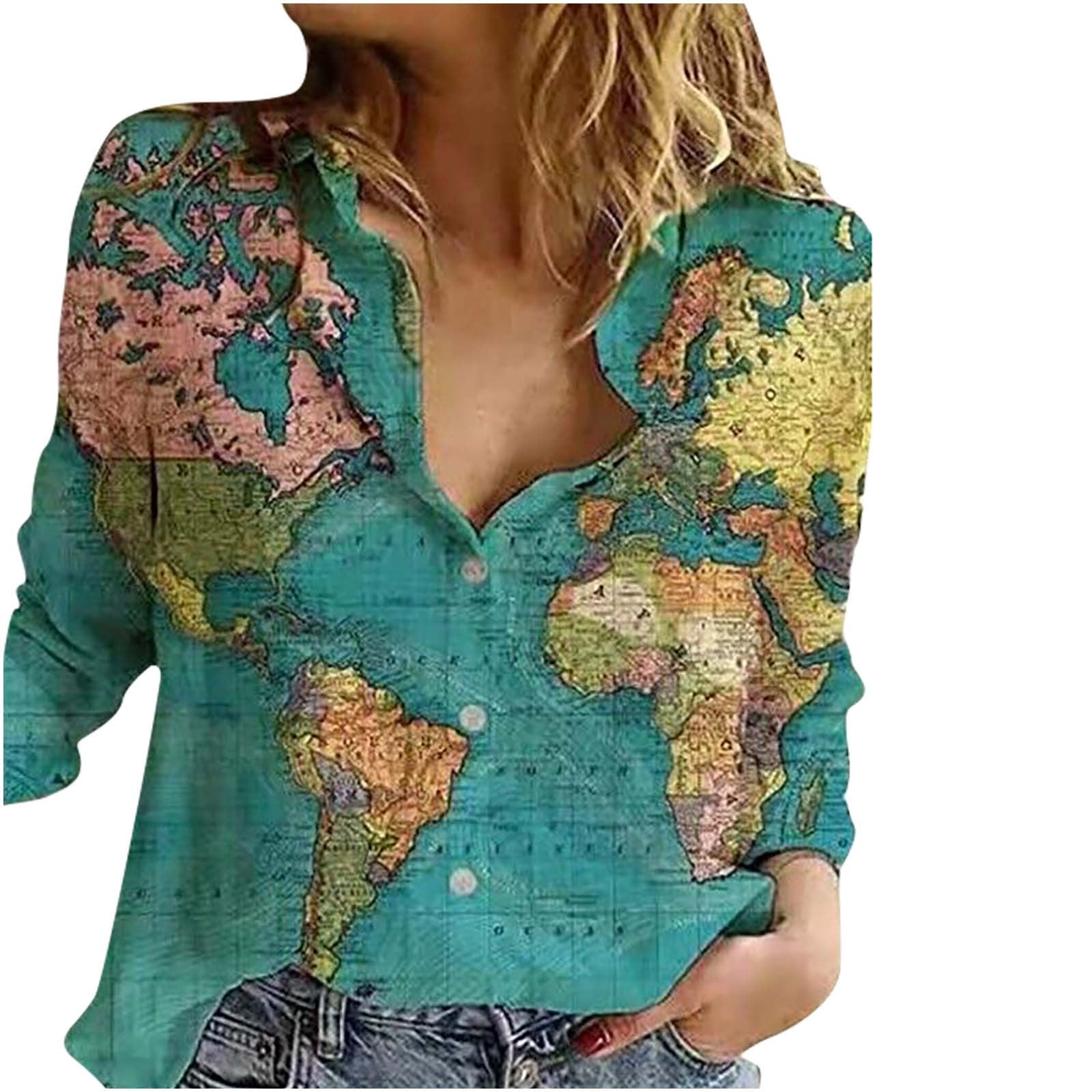 Women's World Map Print Shirts Button Down Blouse Long Sleeve V-Neck ...