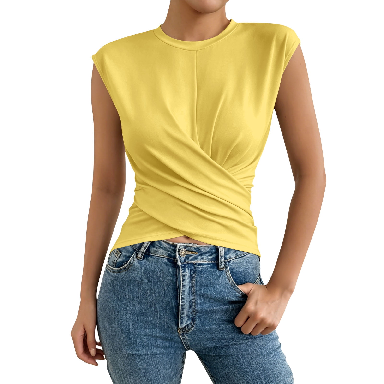 Women's Wrap Cinched Waist T Shirts Tie Back Cap Sleeve Tops Yellow L ...