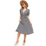 Women's Wrap V Neck Floral Pleated Dress Short Lantern Sleeve Belted ...