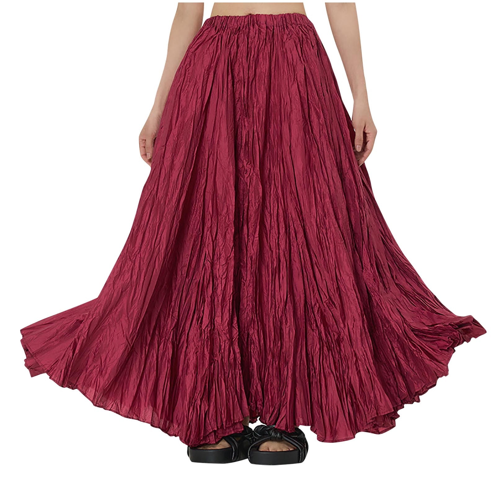 Women's Wrinkled Maxi Skirts High Waist Elastic Flowy Long Skirt Boho A ...