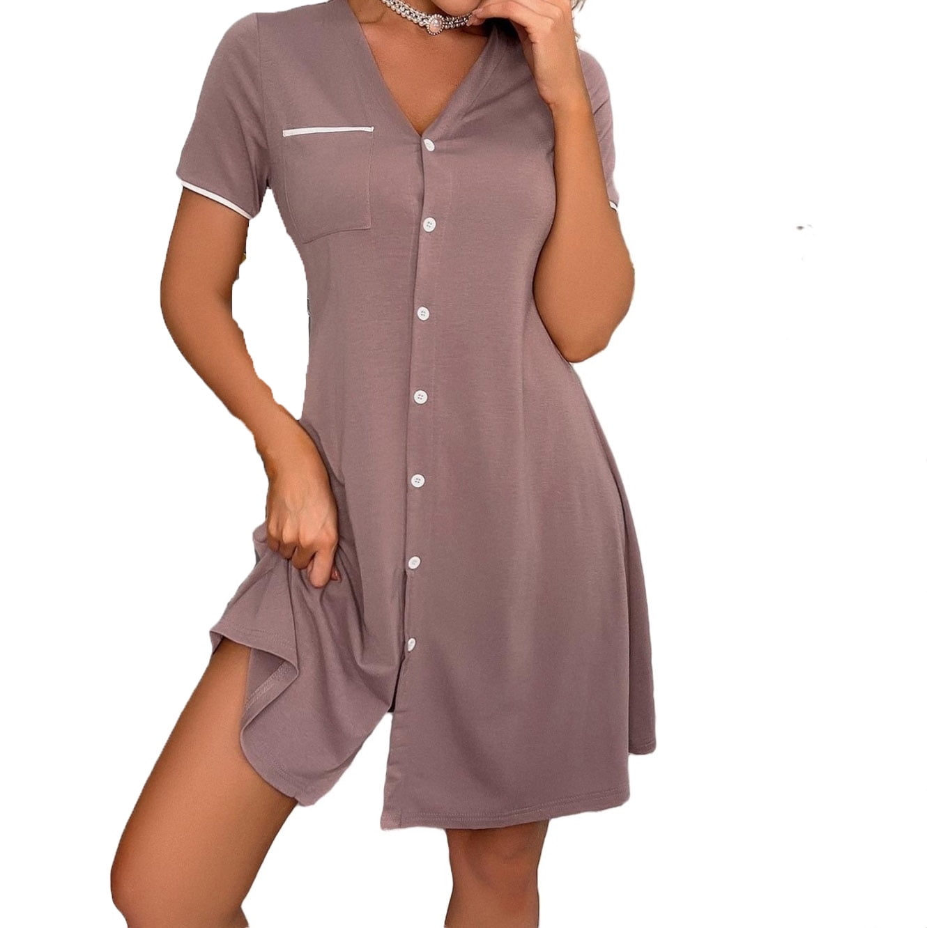 Womens Polyester Nightshirts & Nightgowns, Dusty Pink Button Front ...