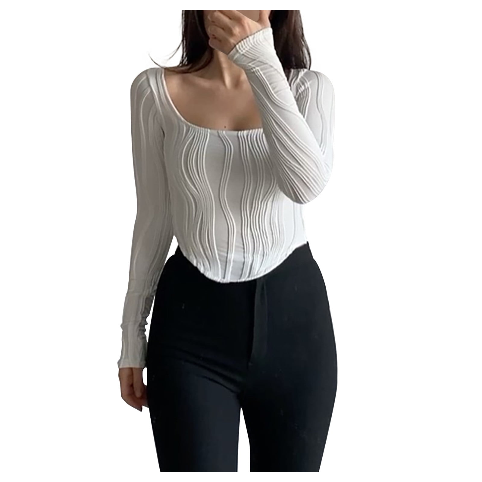Savings Women's Y2K Long Sleeve Corset Tops Square Neck Ribbed Knit ...