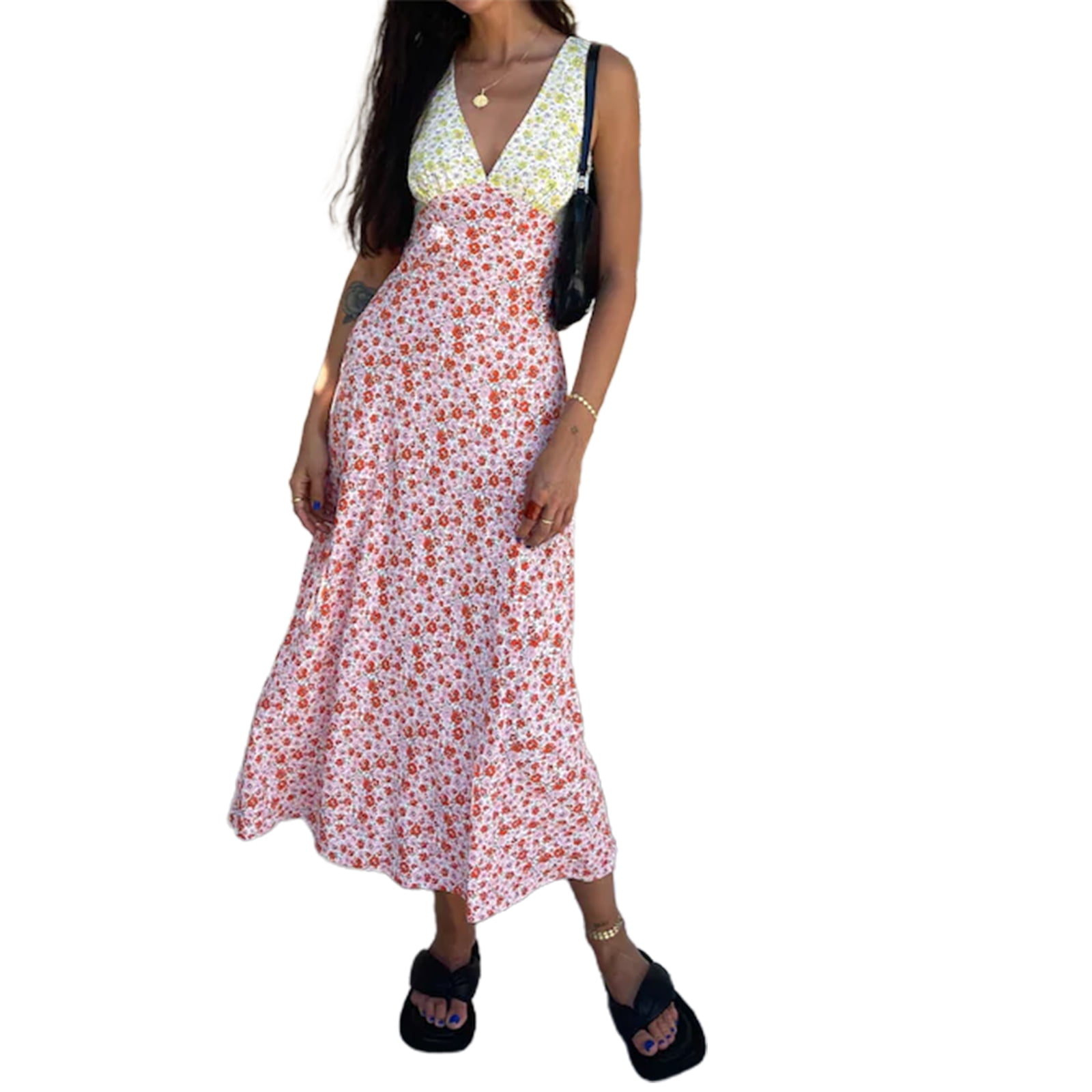 Womens Y2k Boho Floral Maxi Dress Summer Sleeveless Deep V Neck Tank