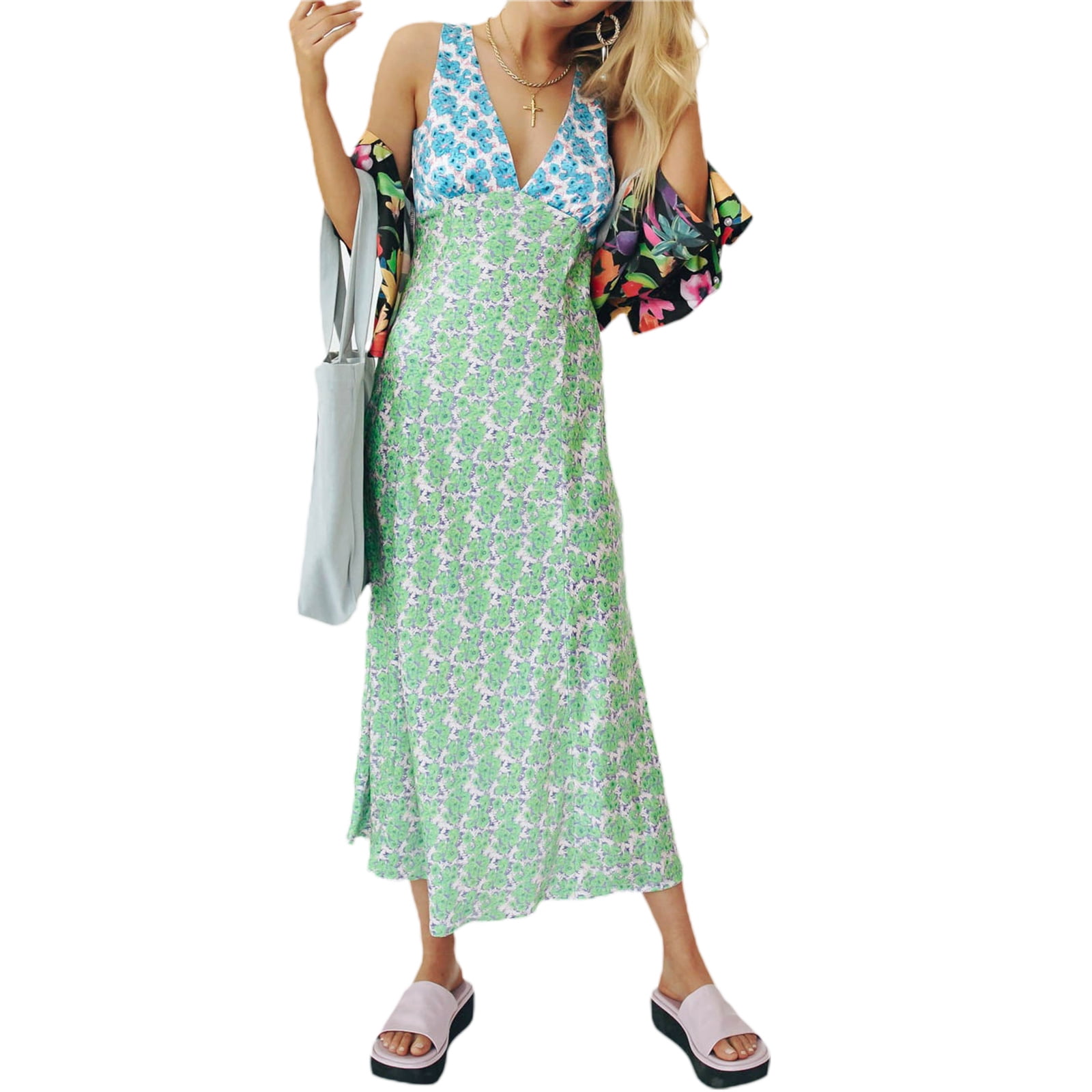 Women's Y2k Boho Floral Maxi Dress Summer Sleeveless Deep V Neck Tank ...