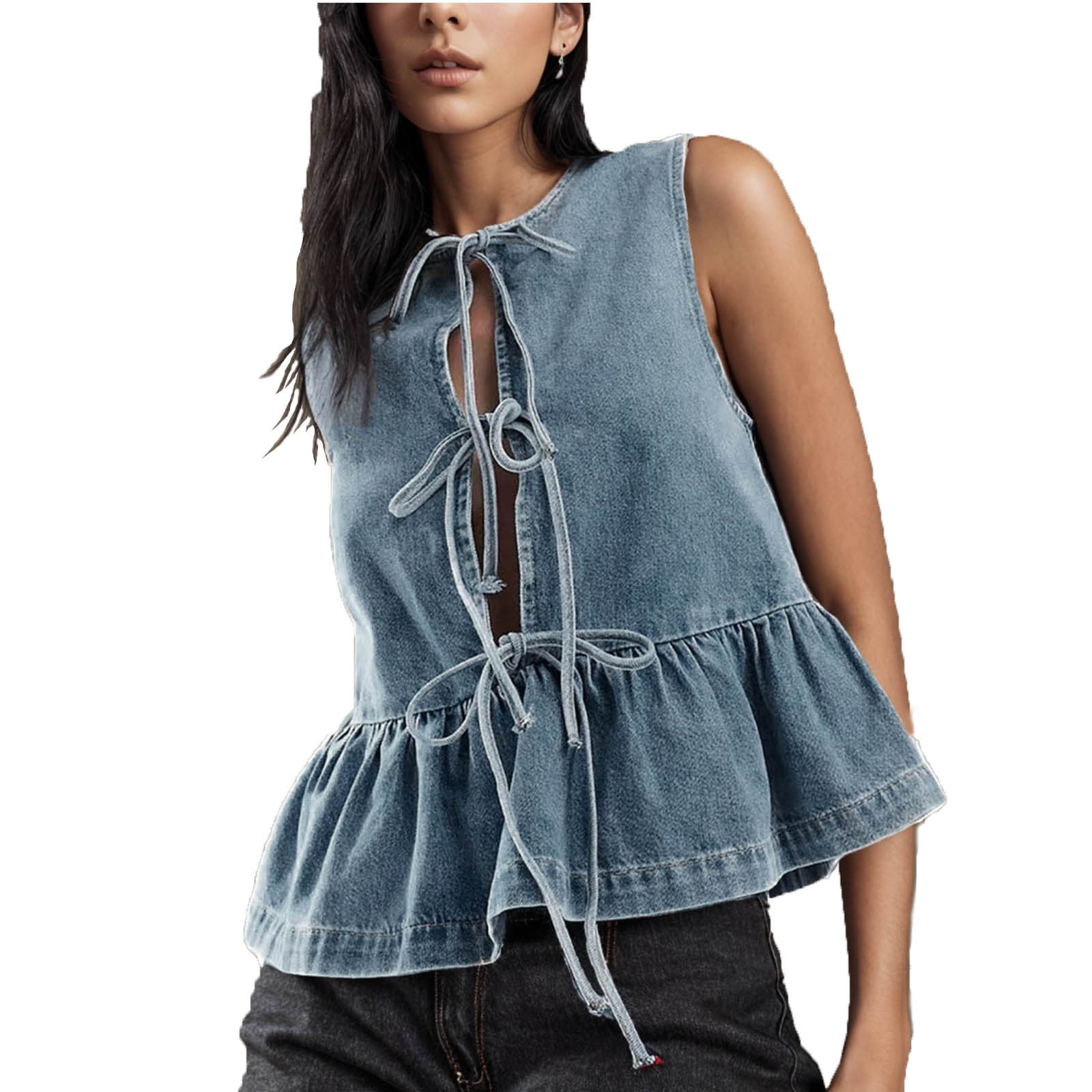 Women's Y2k Tie Front Denim Vest V Neck Ruffle Hem Sleeveless Peplum ...