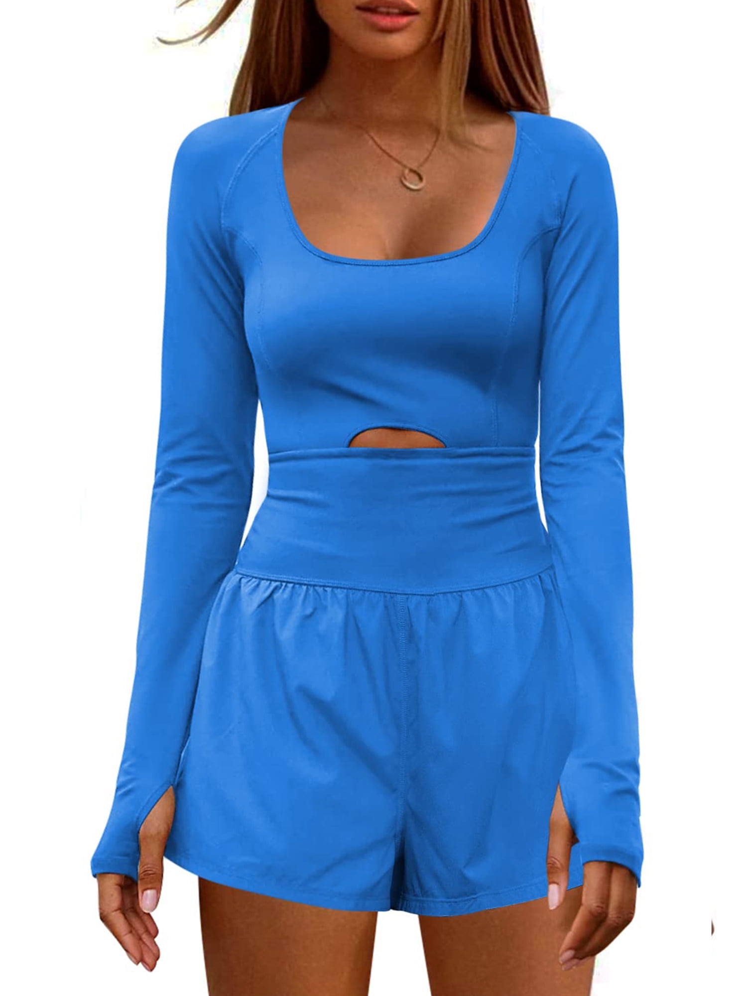 Women's Yoga Jumpsuit Shorts Long Sleeve Cutout Workout Romper ...
