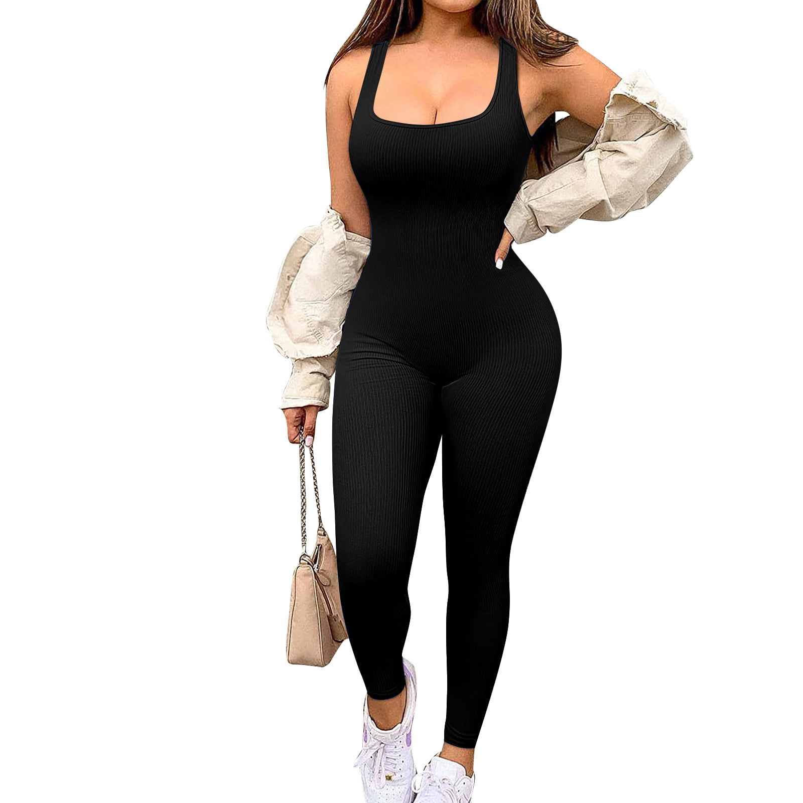 Womens Yoga Ribbed Jumpsuits One Piece Tank Tops Rompers Sleeveless