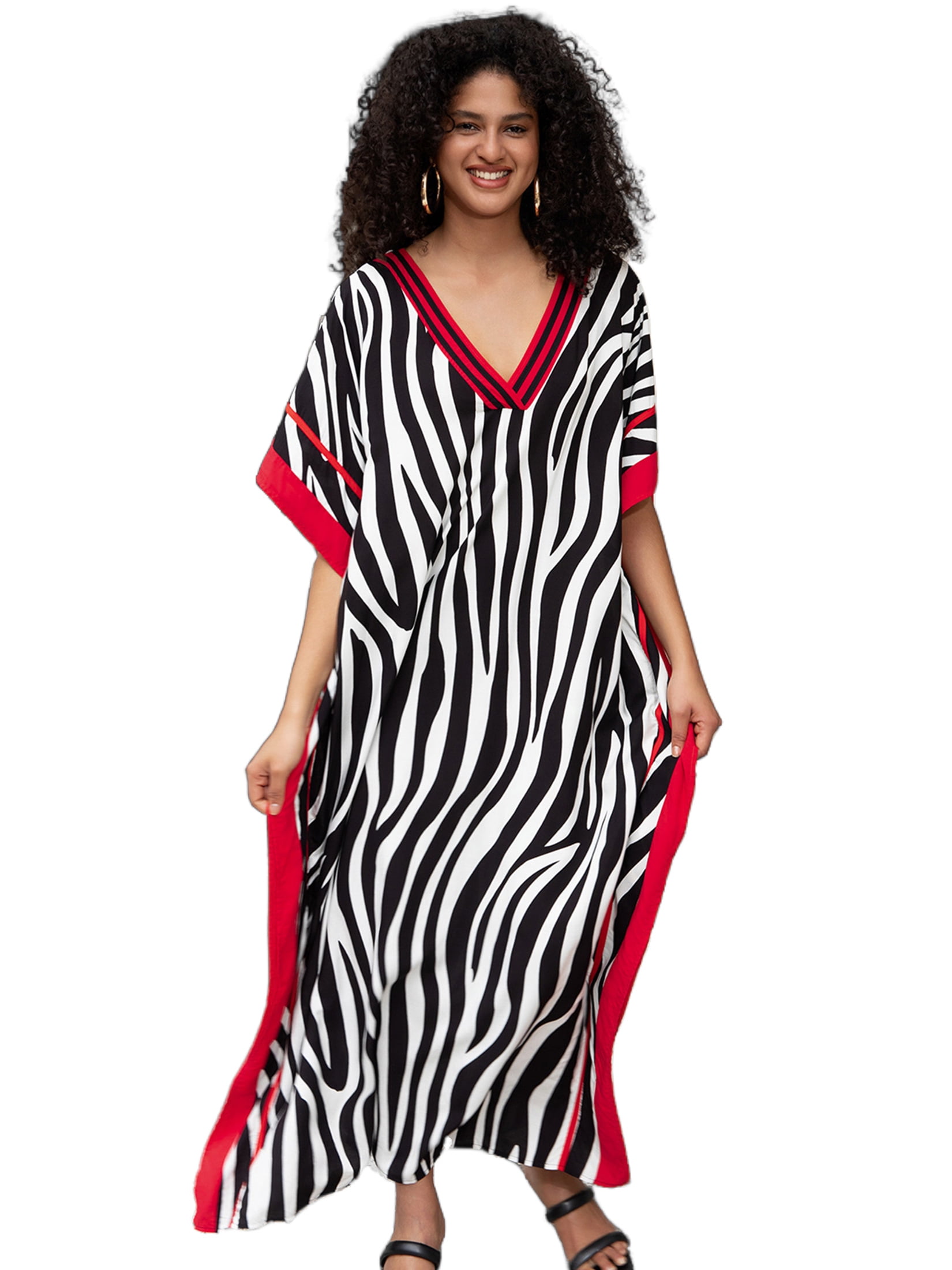 Women's Zebra Striped Beach Dress Batwing Sleeve Kaftan Tunic Plus Size ...