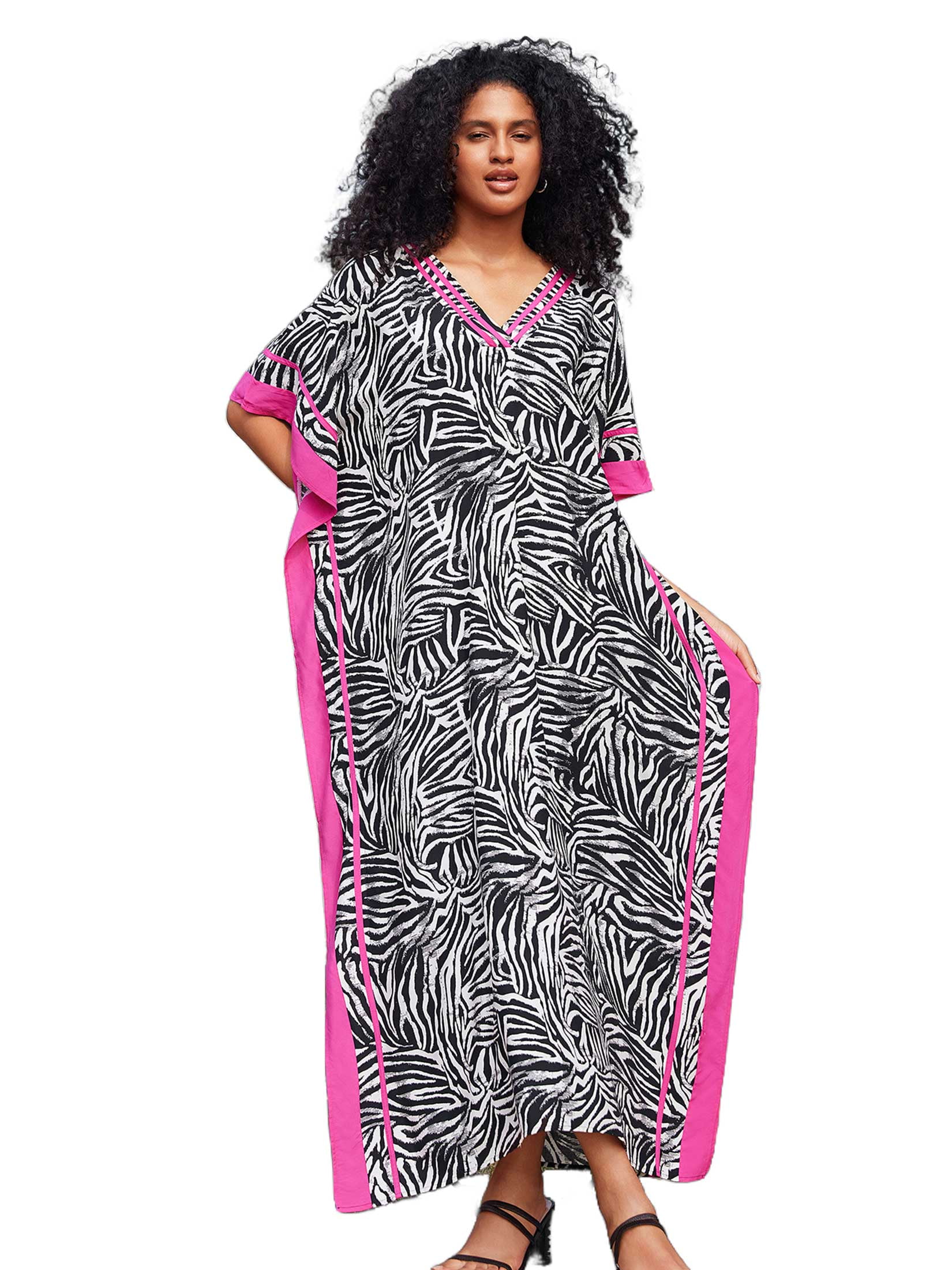 Women's Zebra Striped Beach Dress Batwing Sleeve Kaftan Tunic Plus Size ...