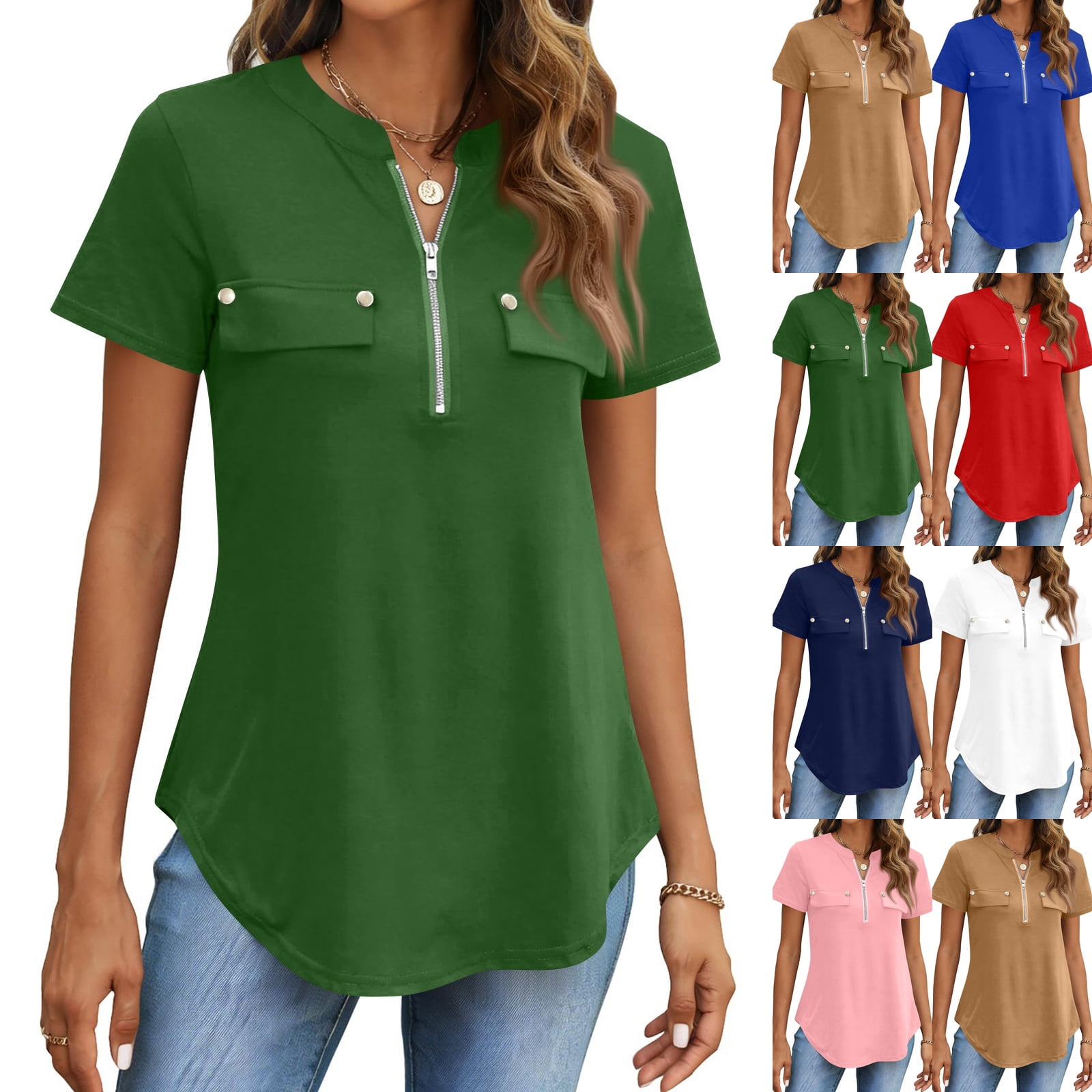 Women's Zip Front Shirts with Chest Pockets Crew Neck Short Sleeve ...