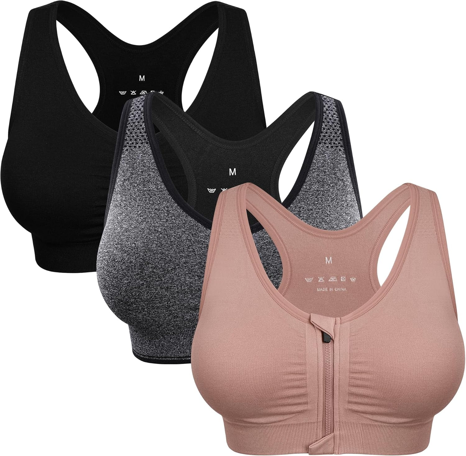 Women's Zip Front Sports Bra Wireless Post-Surgery Bra Active Yoga ...