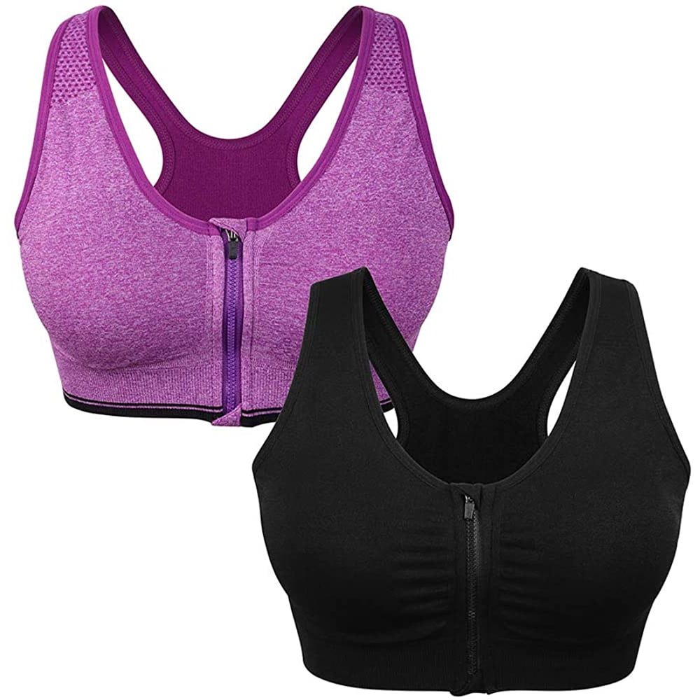 Women's Zip Front Sports Bra Wireless Post-Surgery Bra Active Yoga ...
