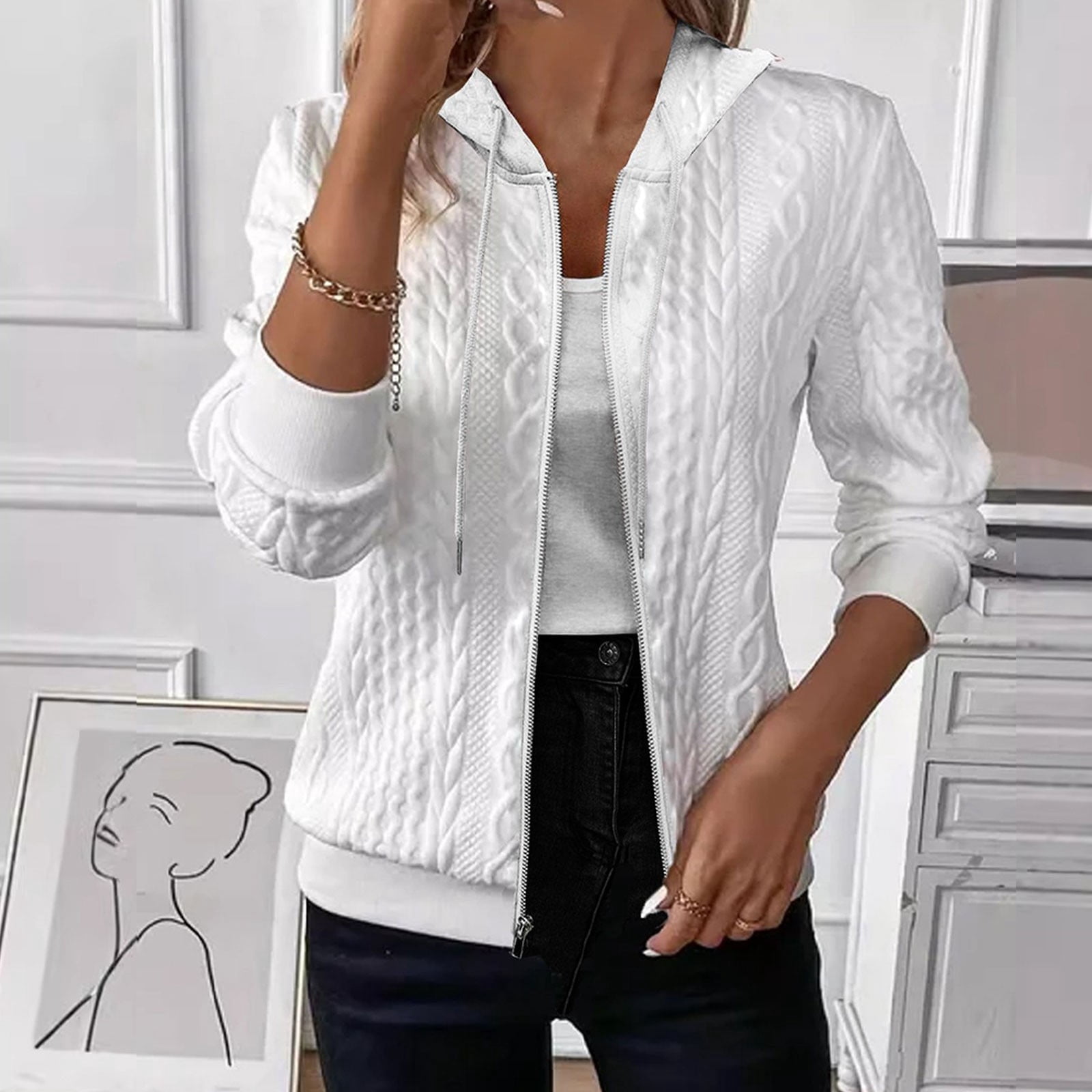 Women's Zip Up Cable Knit Sweater Hood Long Sleeve Open Front Cardigan ...