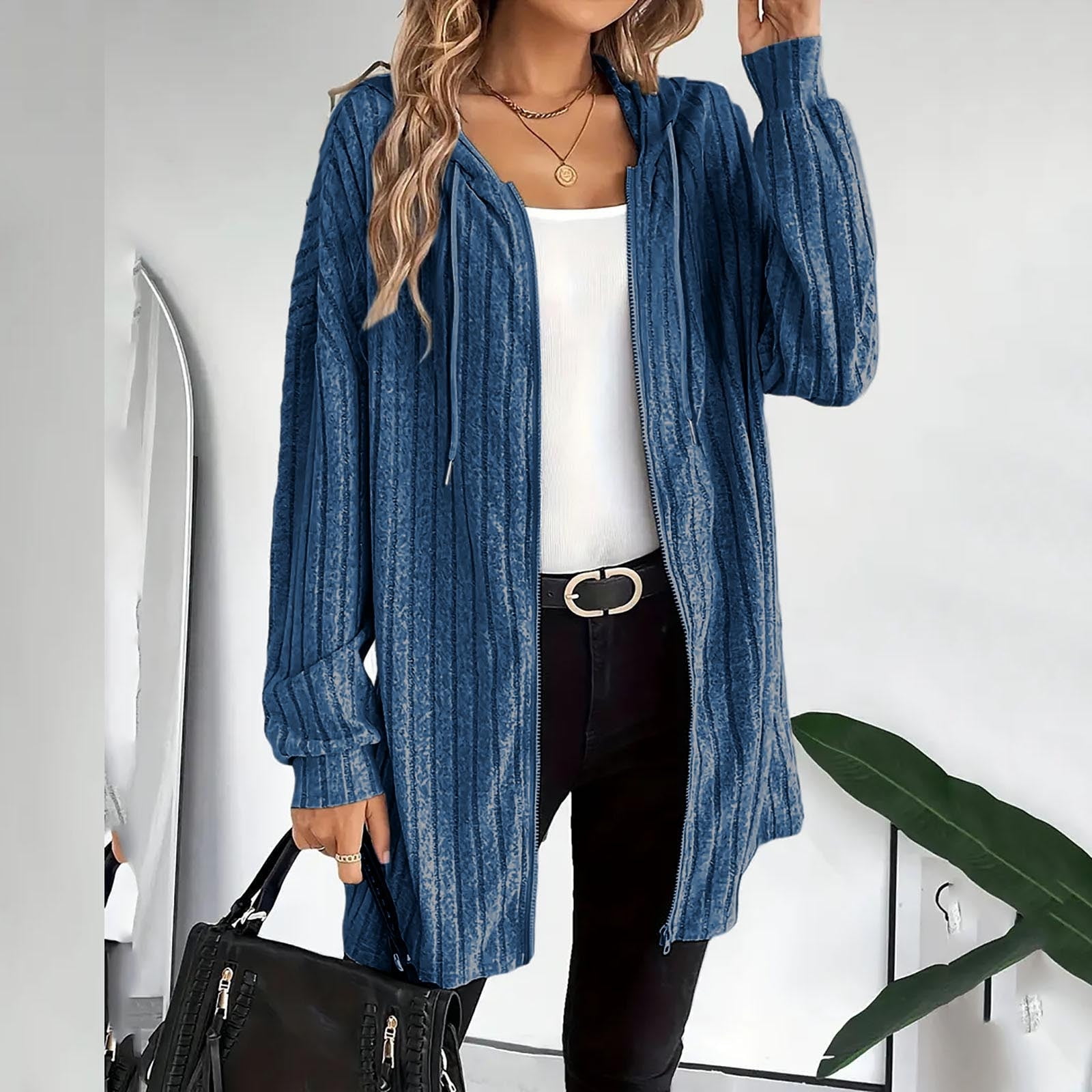 Women's Zip Up Long Cardigan - Ribbed Knit Hoodie Fashion Outfit ...