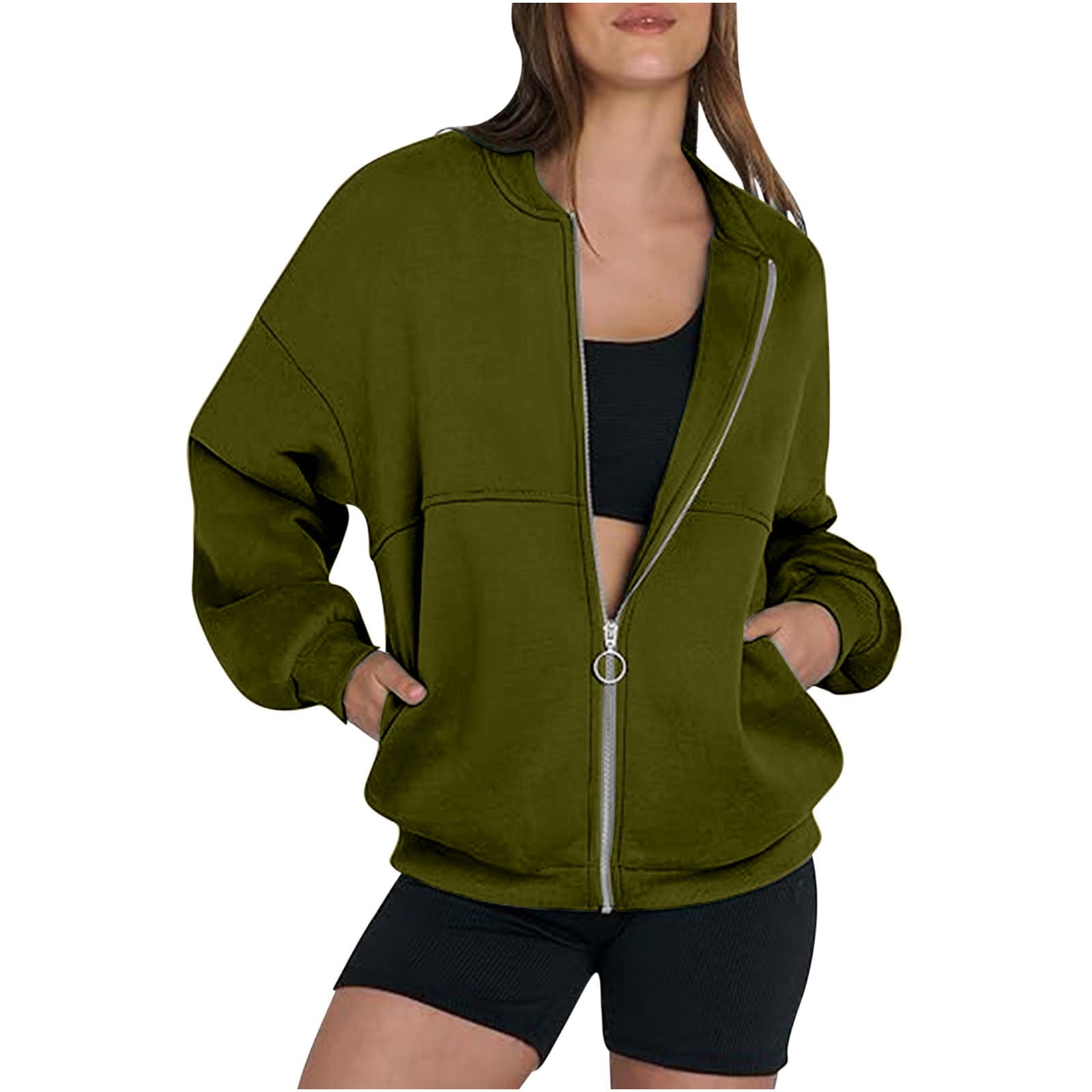 Women's Zip Up Oversized Sweatshirts Jacket No Hood Long Sleeve Solid ...