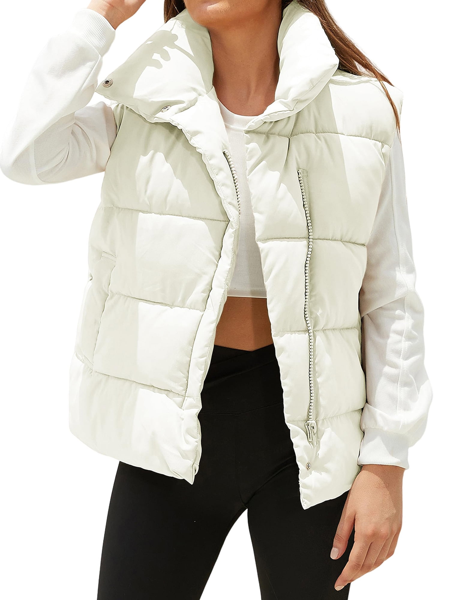 Women's Zip-Up Puffer Vest Solid Color Stand Collar Quilted Waistcoat ...