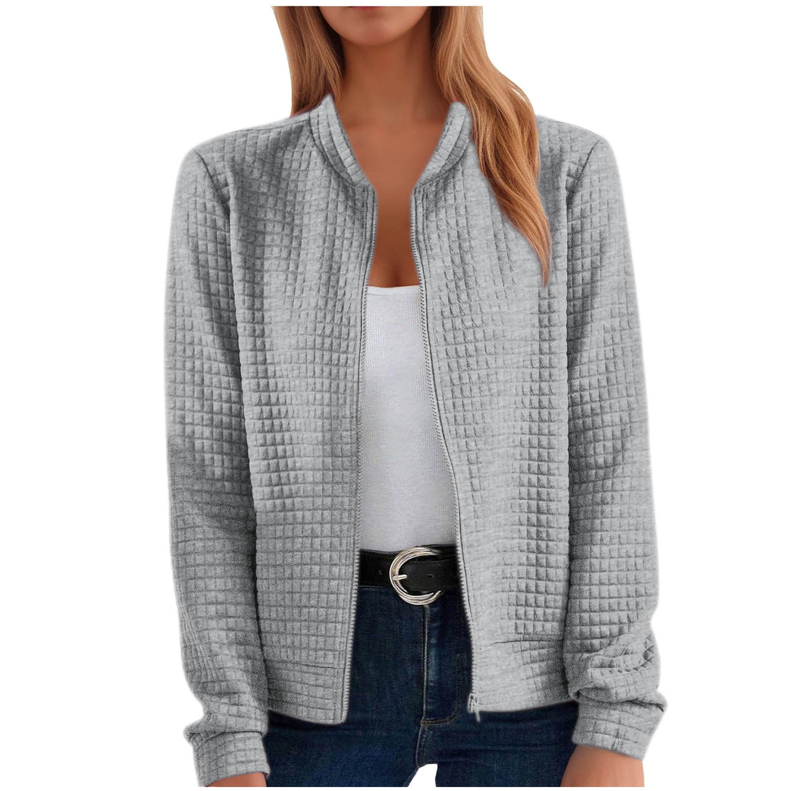 Women's Zip Up Waffle Outerwear Long Sleeve Open Front Cardigan Warm ...