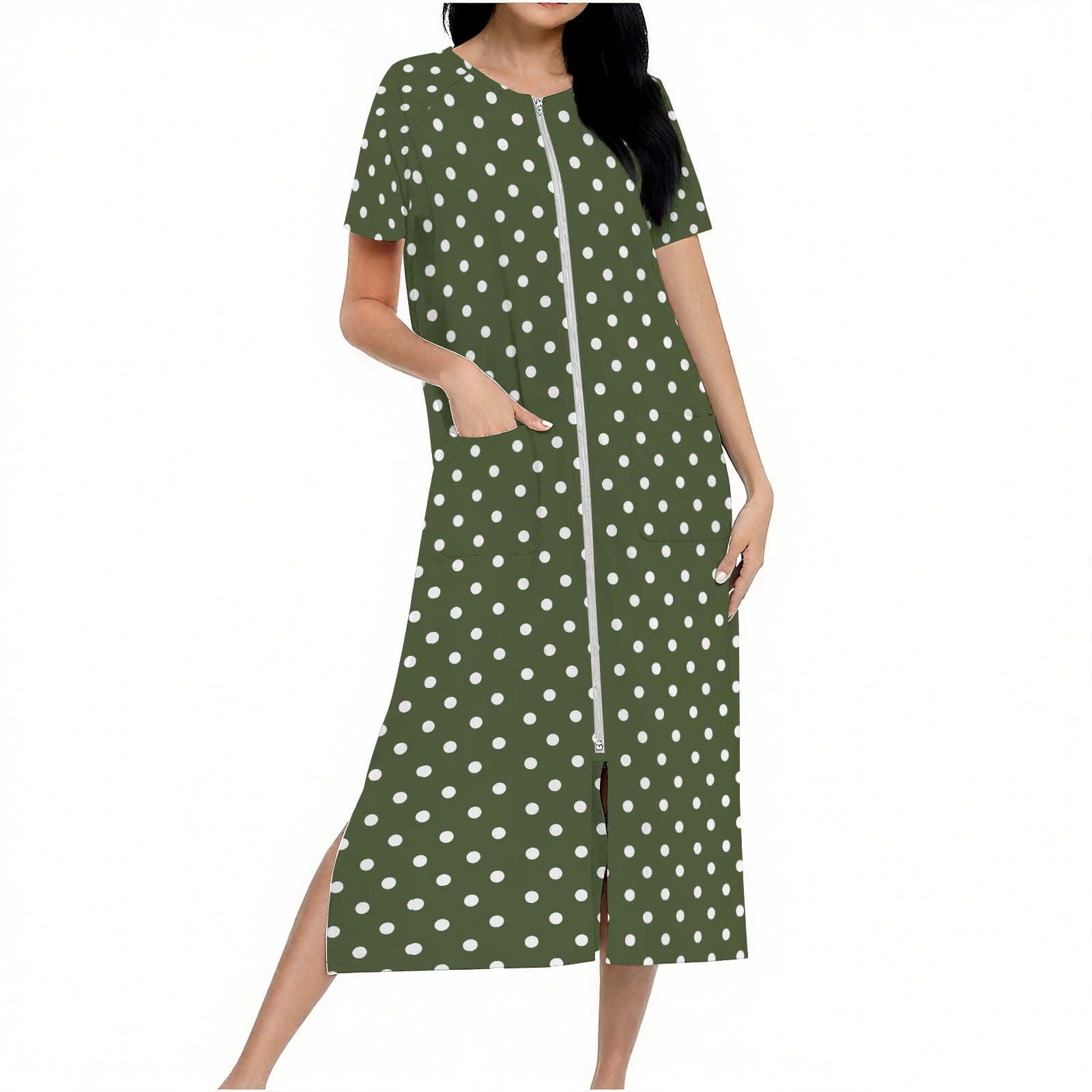 Women’s Zipper Front Nightgown Crew Neck polka Dot Loose Sleepwear Long ...