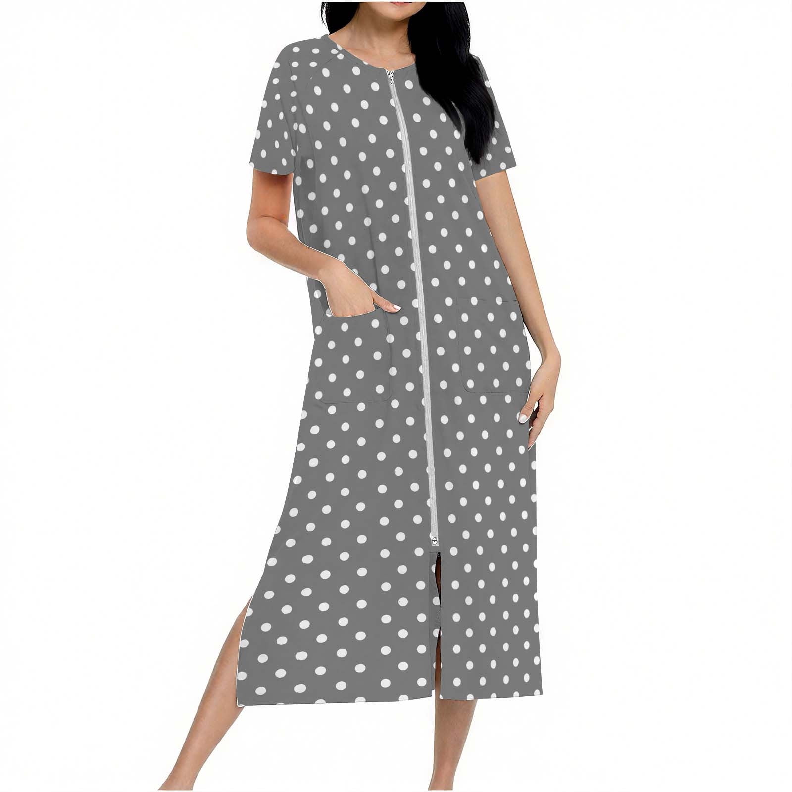 Women’s Zipper Front Nightgown Crew Neck polka Dot Loose Sleepwear Long ...