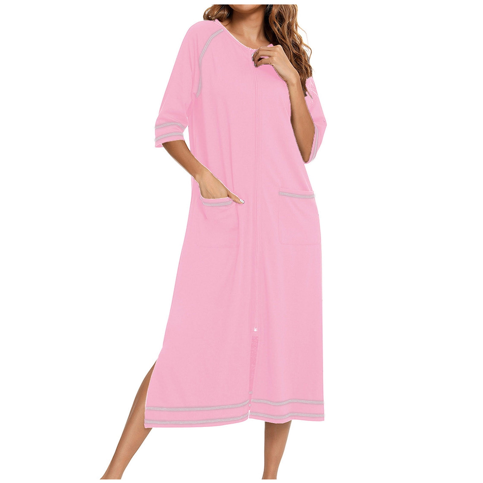 Women's Zipper Robe 3/4 Sleeve Housecoats Full Length House Dress ...