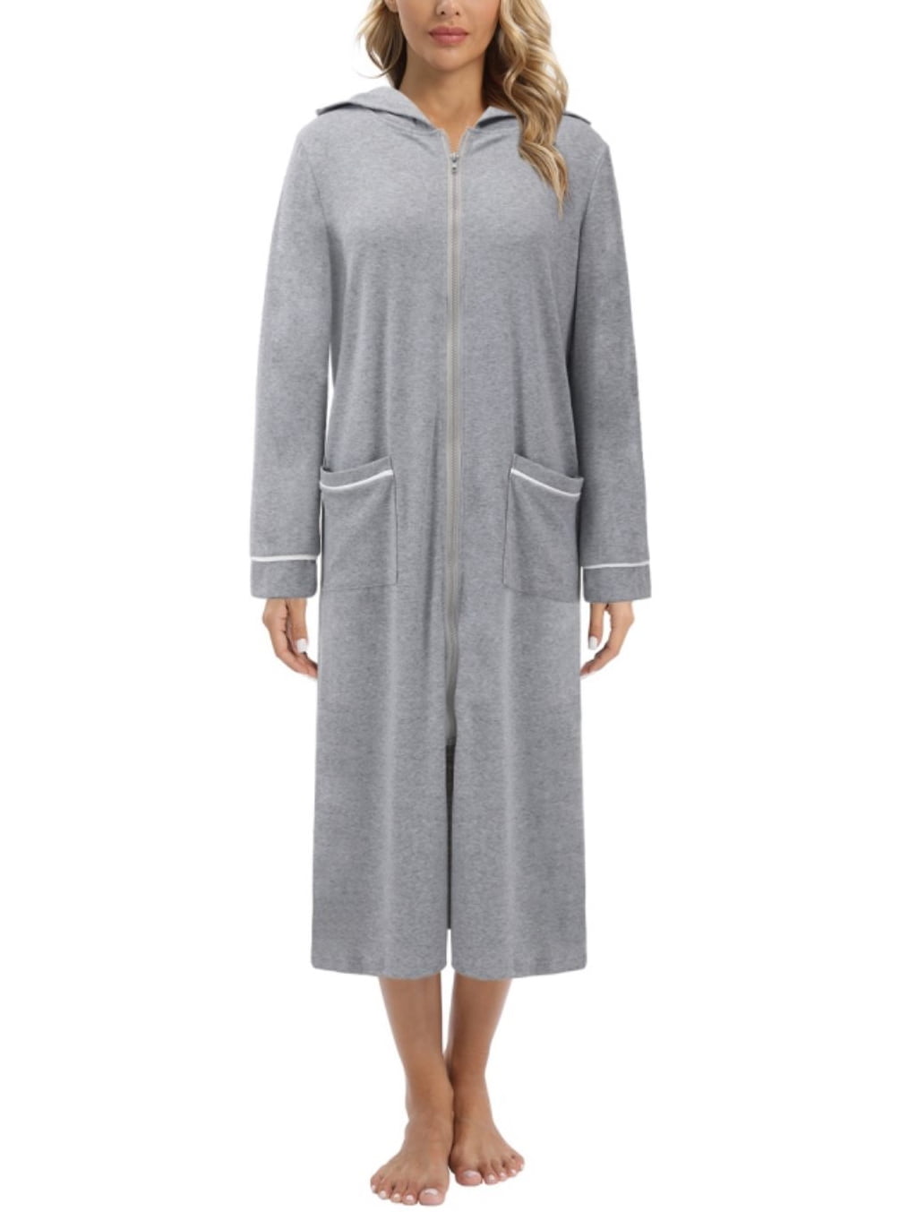 Women's Zipper Robe Hoodie Long Sleeves Cotton Nightgowns Loungewear ...