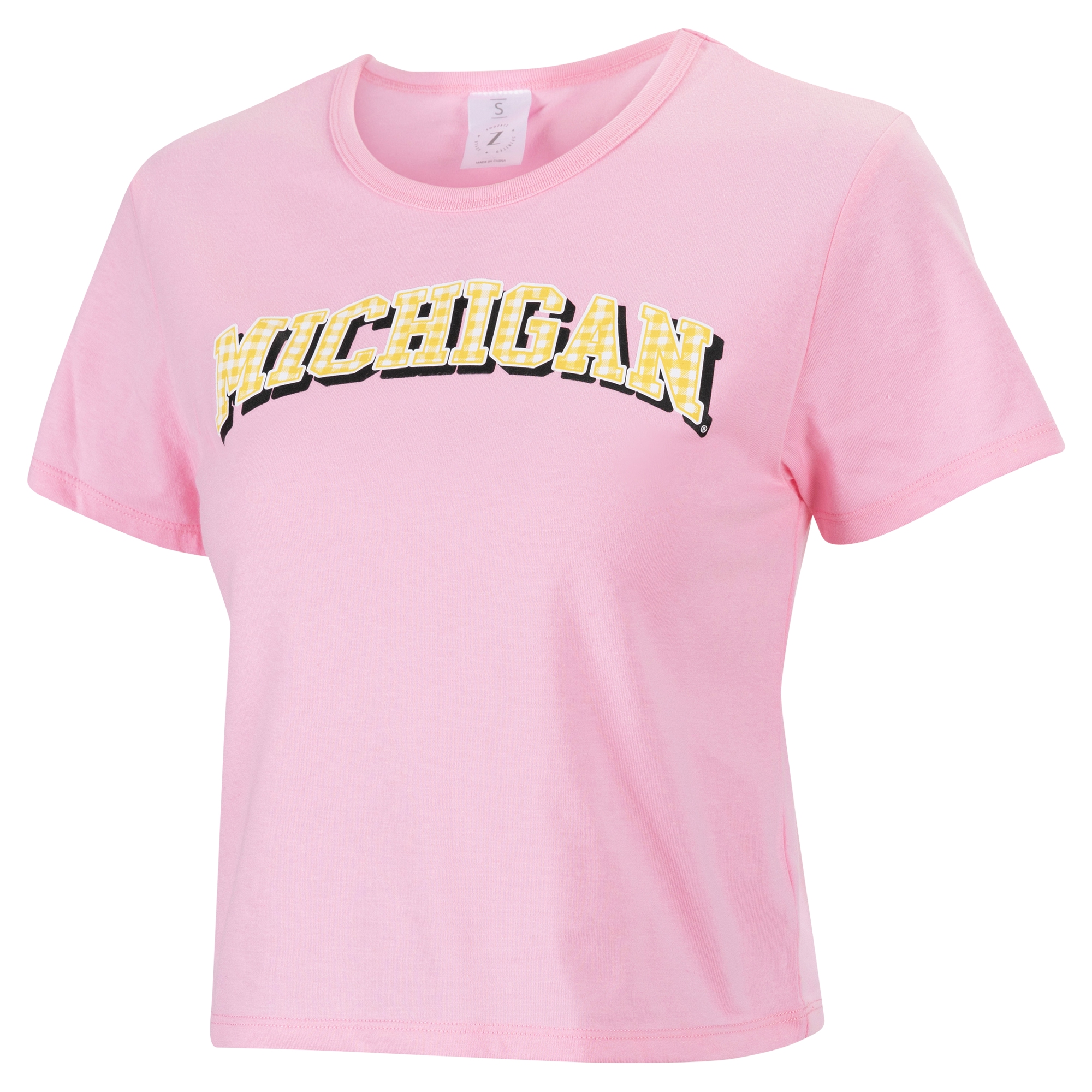 Women's ZooZatz Pink Michigan Wolverines Gingham Logo Cropped T-Shirt ...