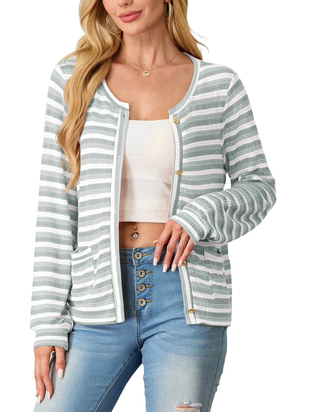 JWD Women's cardigan long sleeved button knit stripe with pocket Light ...