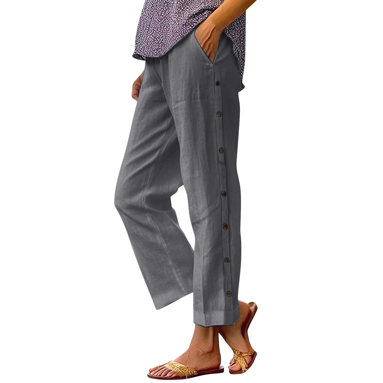 Women's cotton linen cropped trousers with decorative side seams, side ...