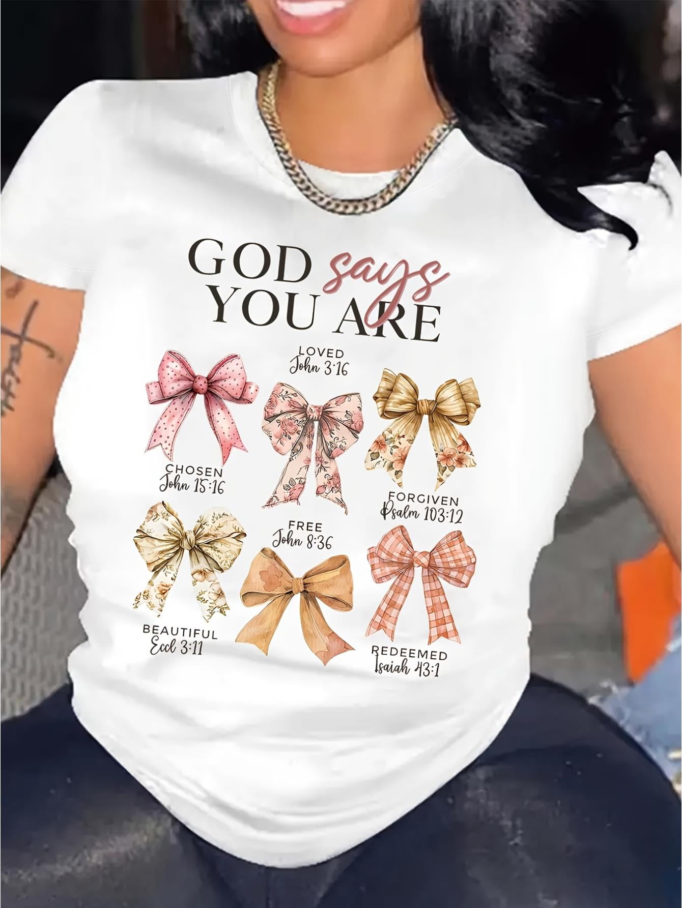Women's inspirational Bow Print T-Shirt - White Polyester, Casual Short ...