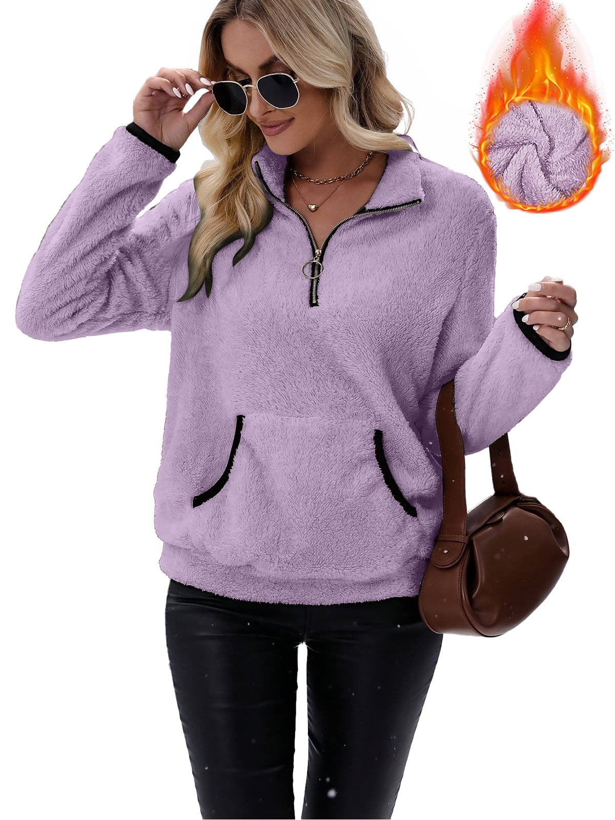 Cuteduck Women's plush sweatshirt long sleeve half zip pullover Top ...
