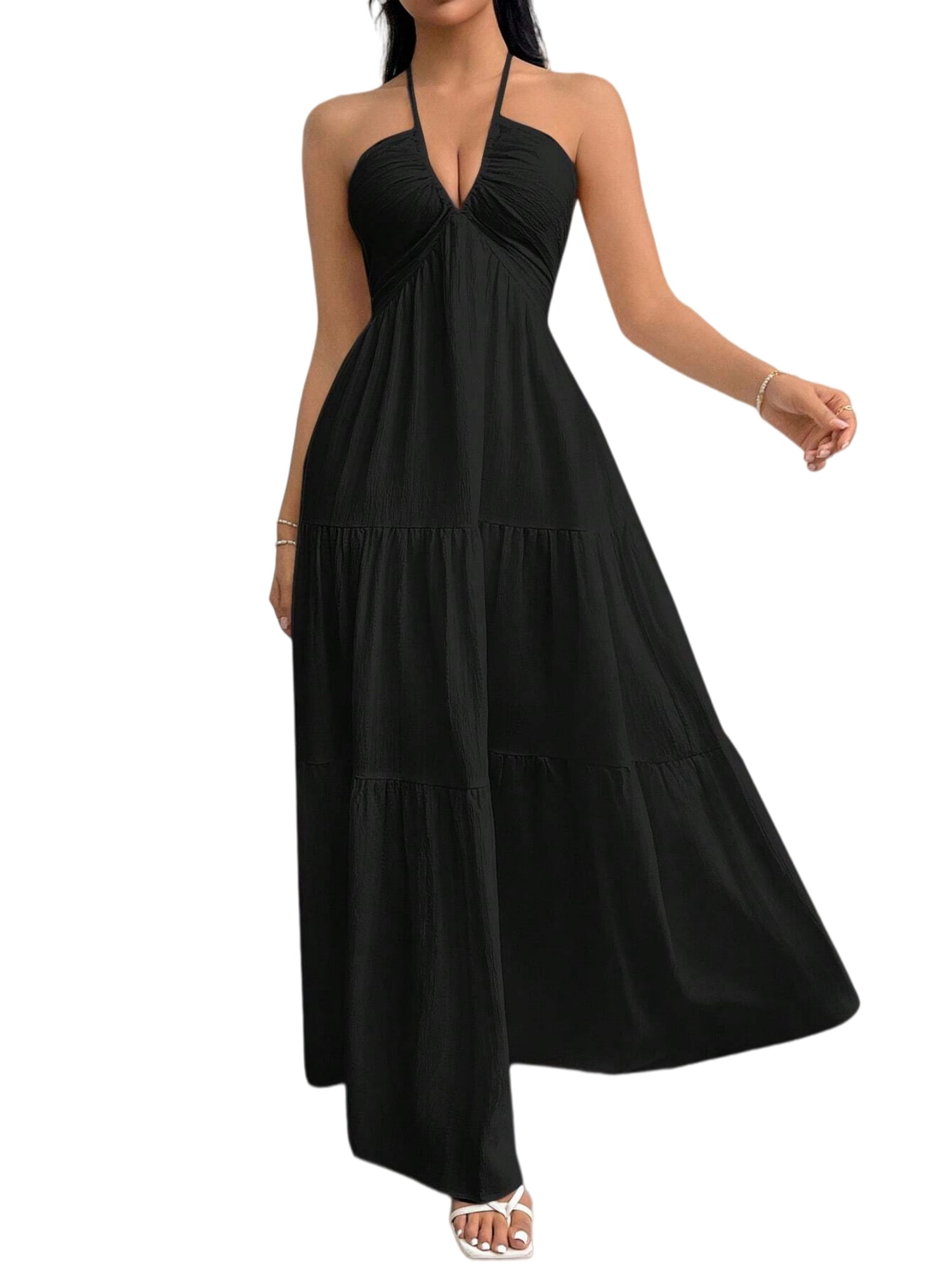 Women's romantic beach vacation backless strap V-neck pleated A-line ...