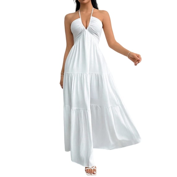 Women's romantic beach vacation backless strap V-neck pleated A-line ...