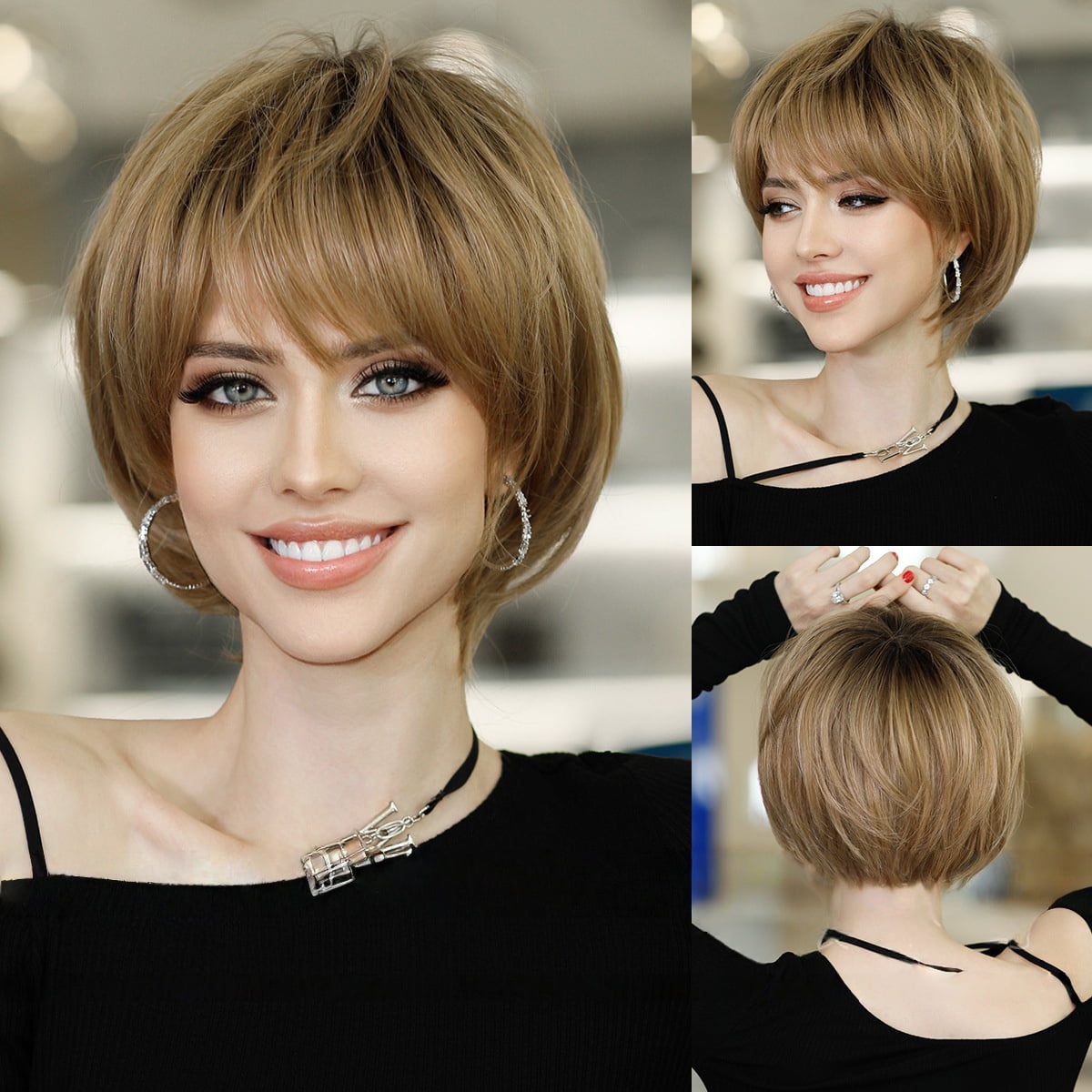 Women's short blonde wig with high gloss layered elf cut wig strap ...