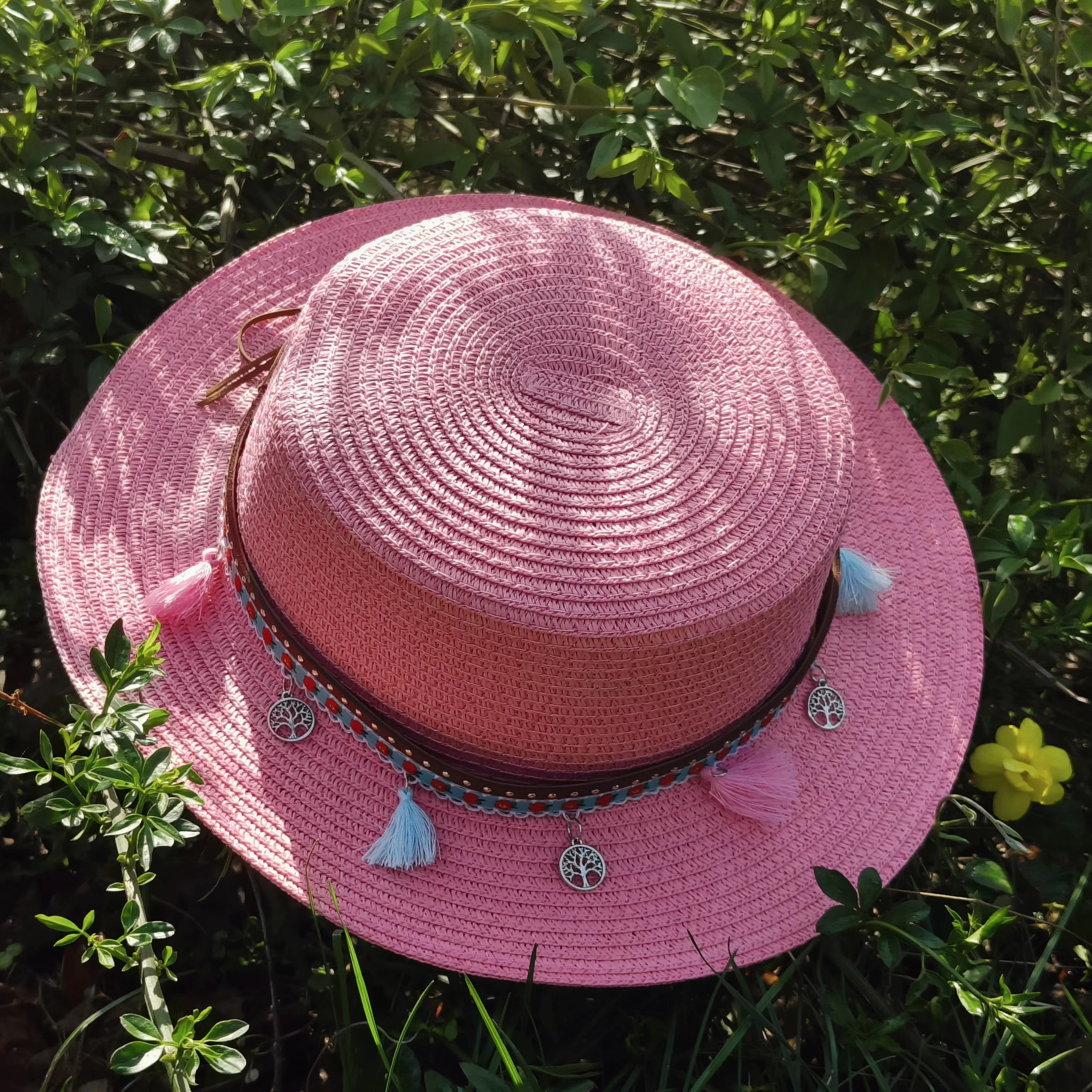 Women straw hat beach hat spring French straw fedora hat flat top hat ...