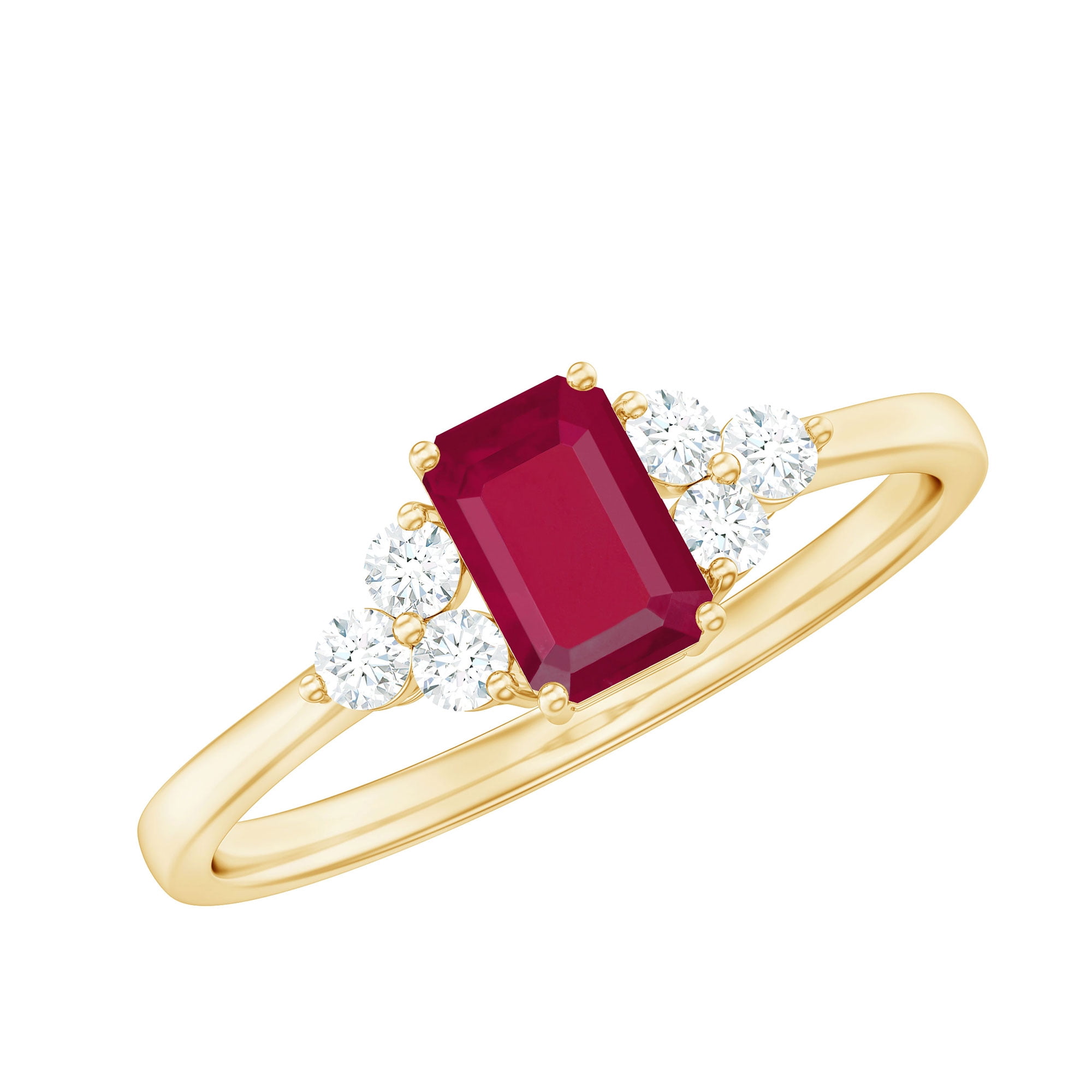 Womens 1 CT Octagon Cut Red Ruby Solitaire Ring with Diamond Trio - Ruby Fine Ring, 14K Yellow ...