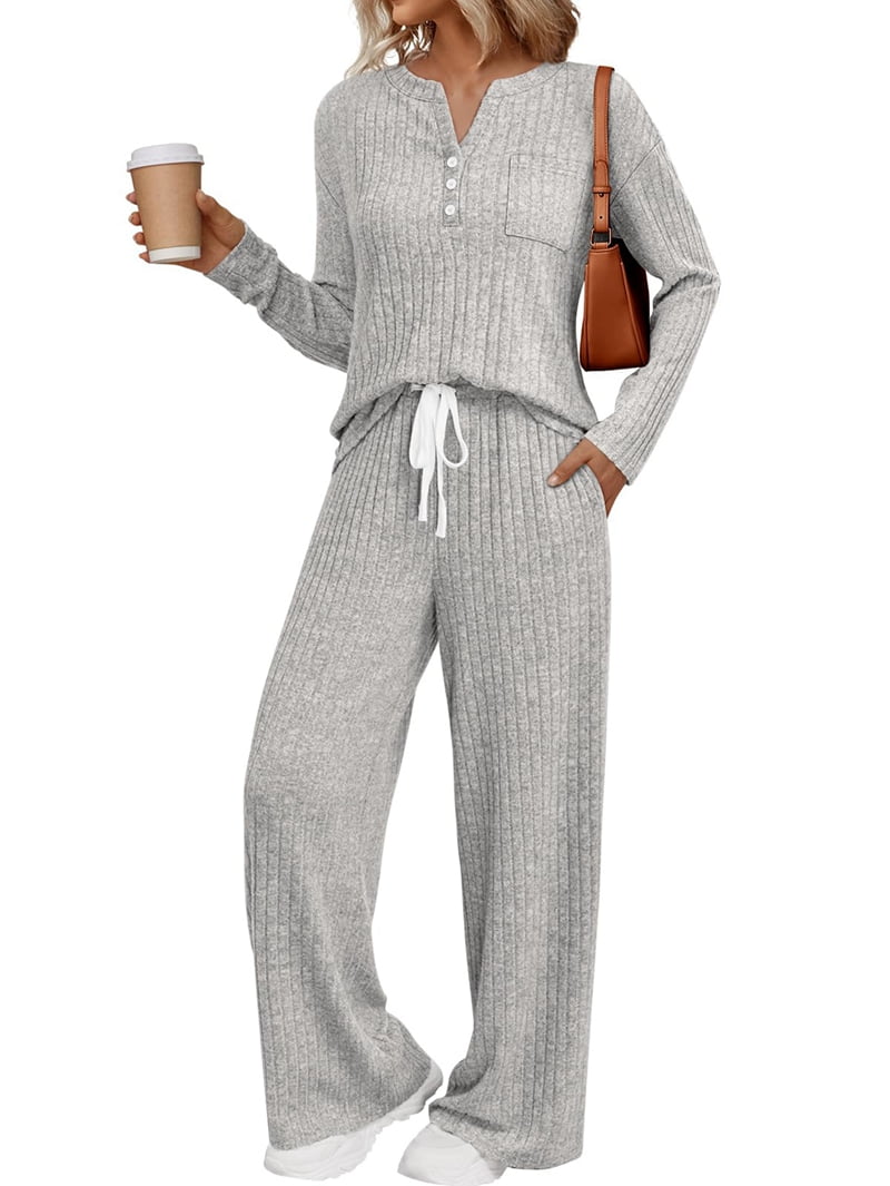 Womens 2 Piece Lounge Sets Fall Henley Neck Sweater Matching Sweat ...