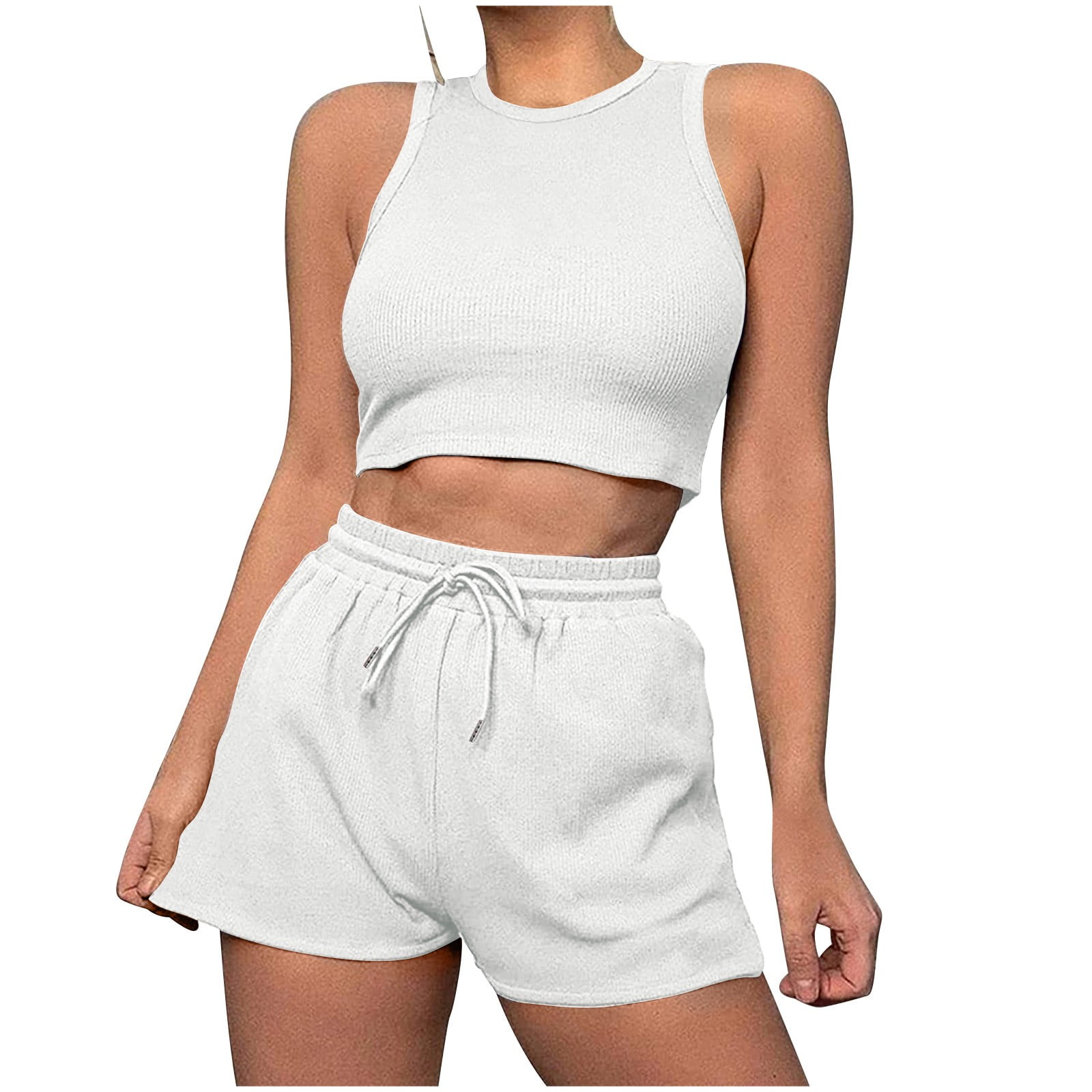 Womens 2 Piece Lounge Sets Sleeveless Crop Top and Shorts Waffle Pajama ...