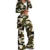 Womens 2 Piece Outfits Camo Cargo Sets Long Sleeve V Neck One Button ...