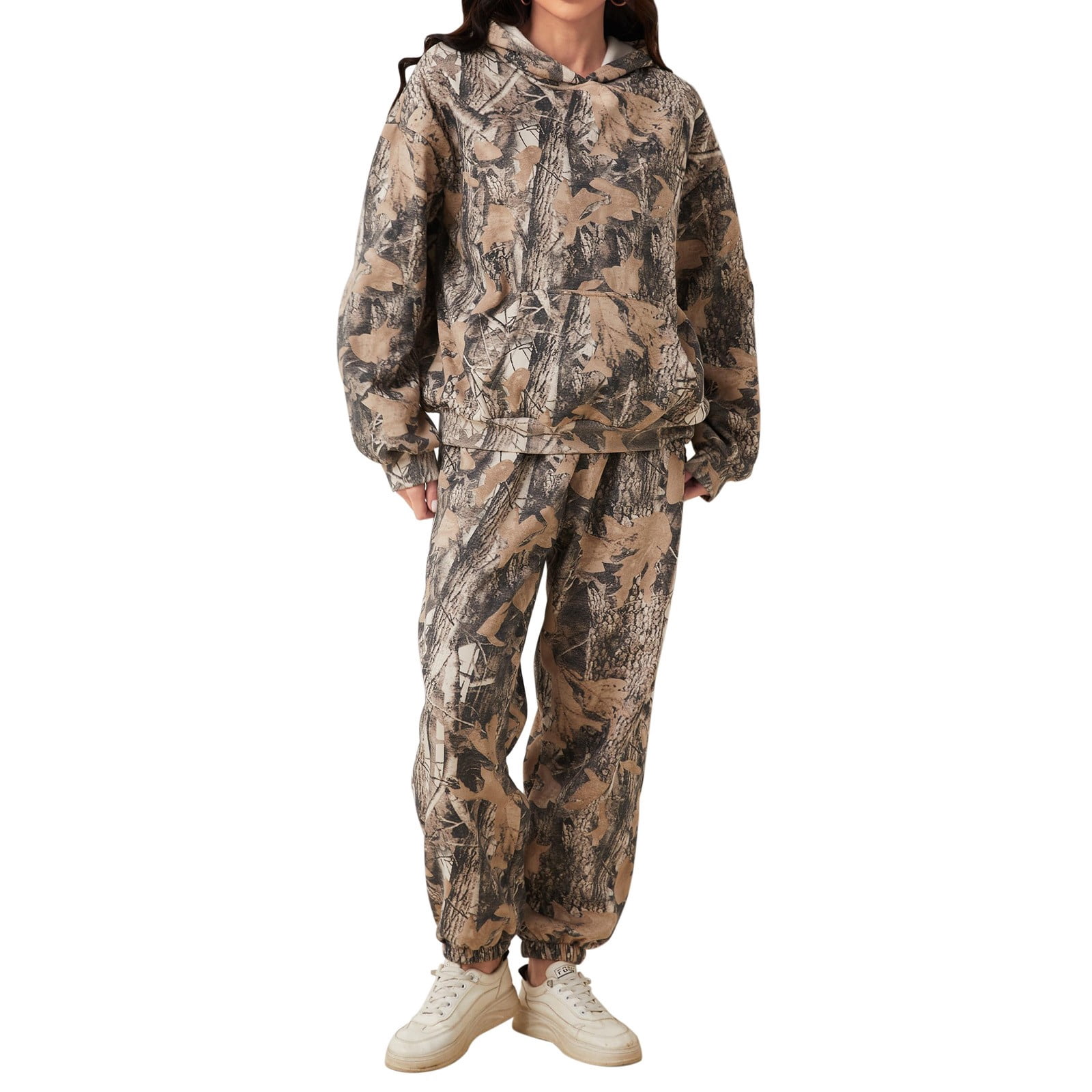 Womens 2 Piece Outfits Camo Maple Leaf Print Hooded Sweatshirts ...