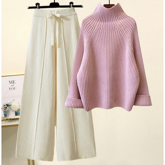 Womens 2 Piece Outfits Knitted Sweater Wide Leg Pants Set High Neck ...