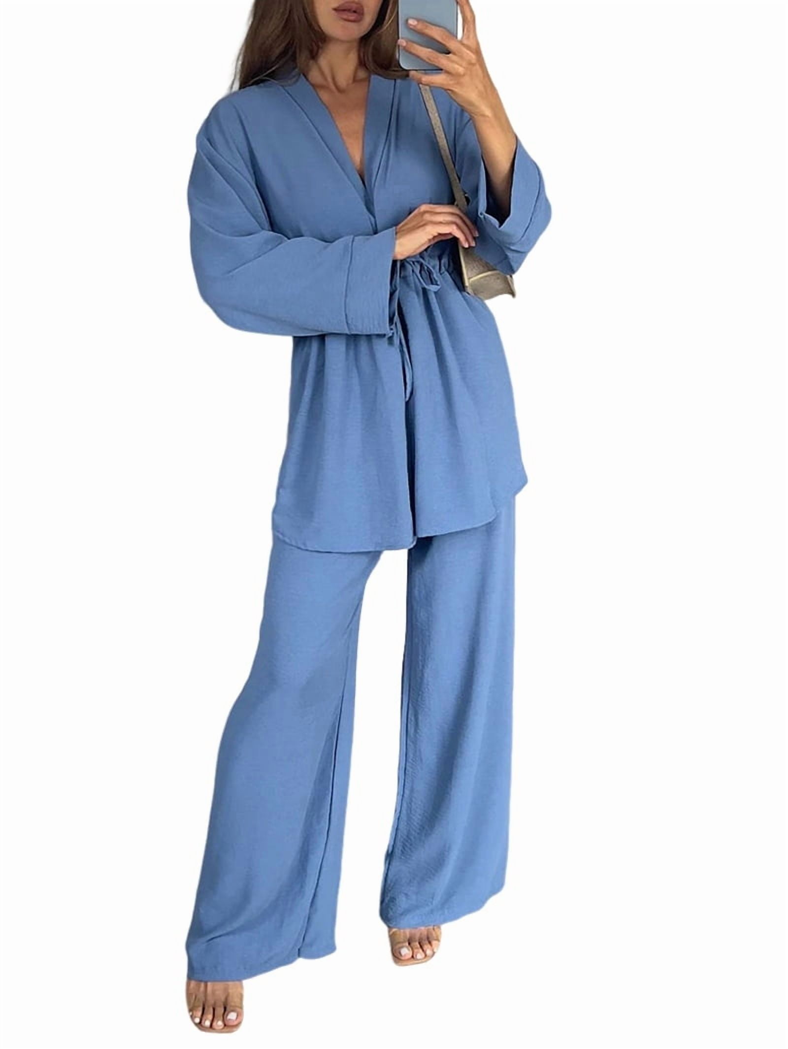 Womens 2 Piece Outfits Lace-Up Long Sleeve Tops Wide Leg Long Pants ...