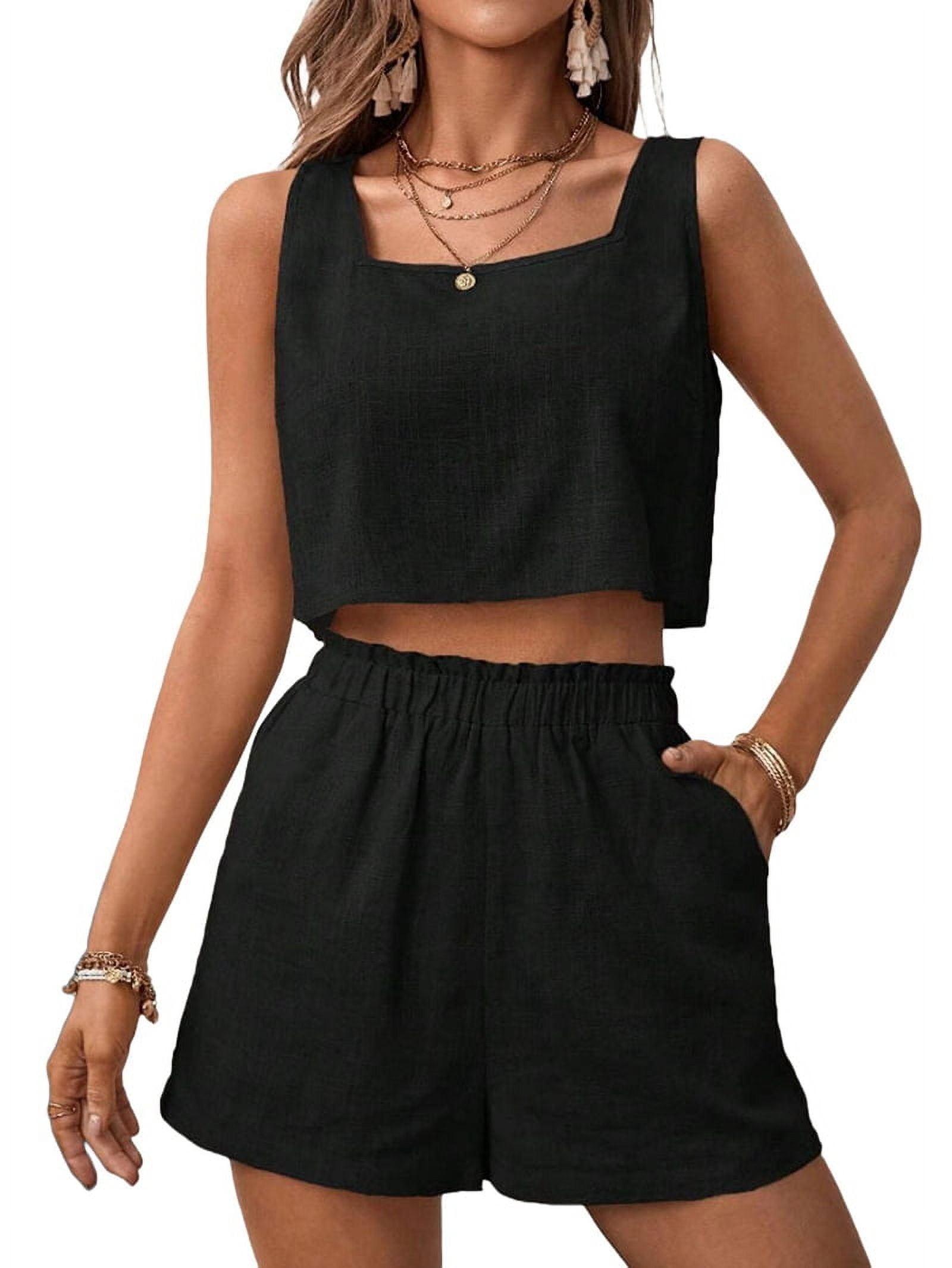 Womens 2 Piece Outfits Lounge Matching Sets Two Piece Linen Shorts Crop ...