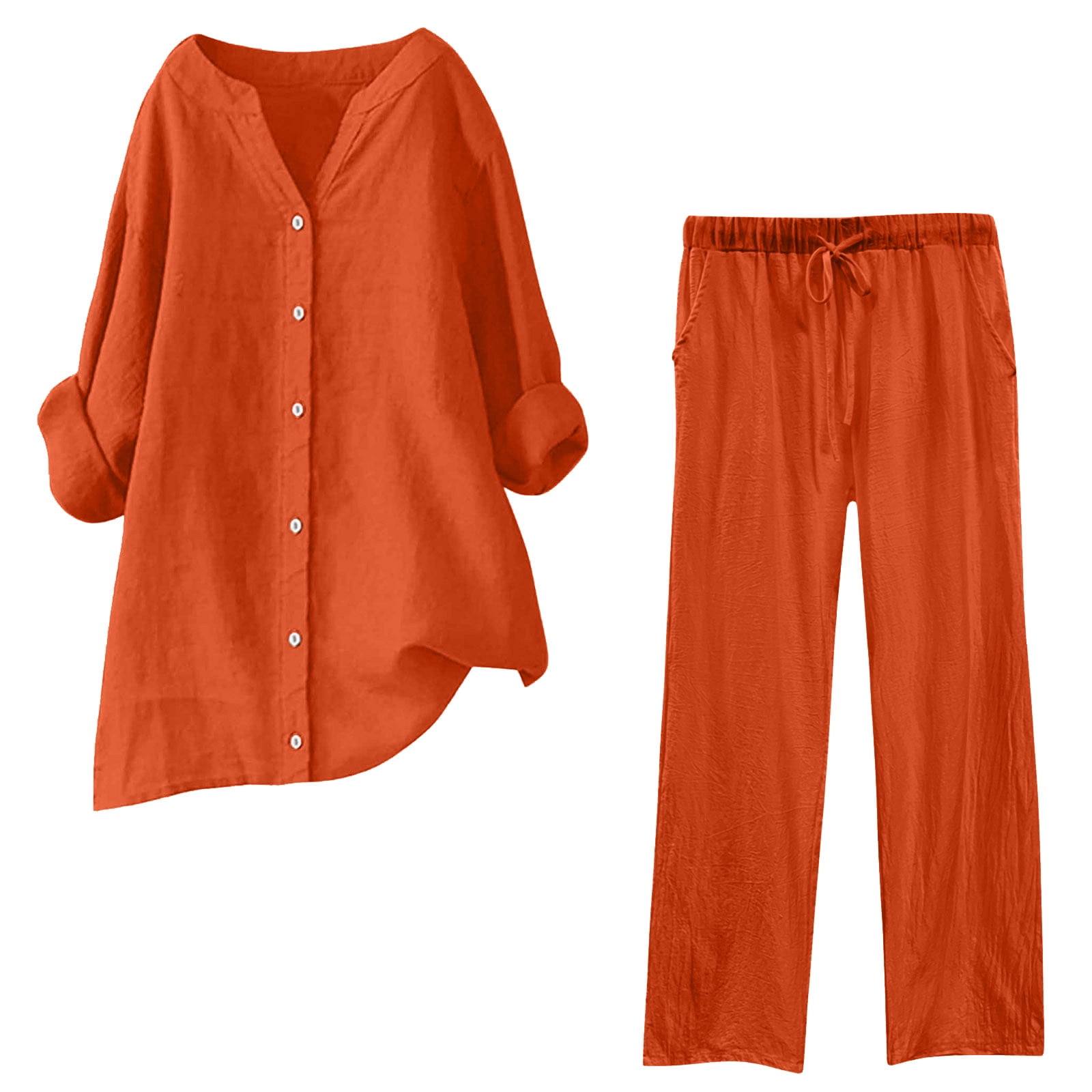 Womens 2 Piece Outfits Plus Size Cotton Linen Set, Long Sleeve Button ...