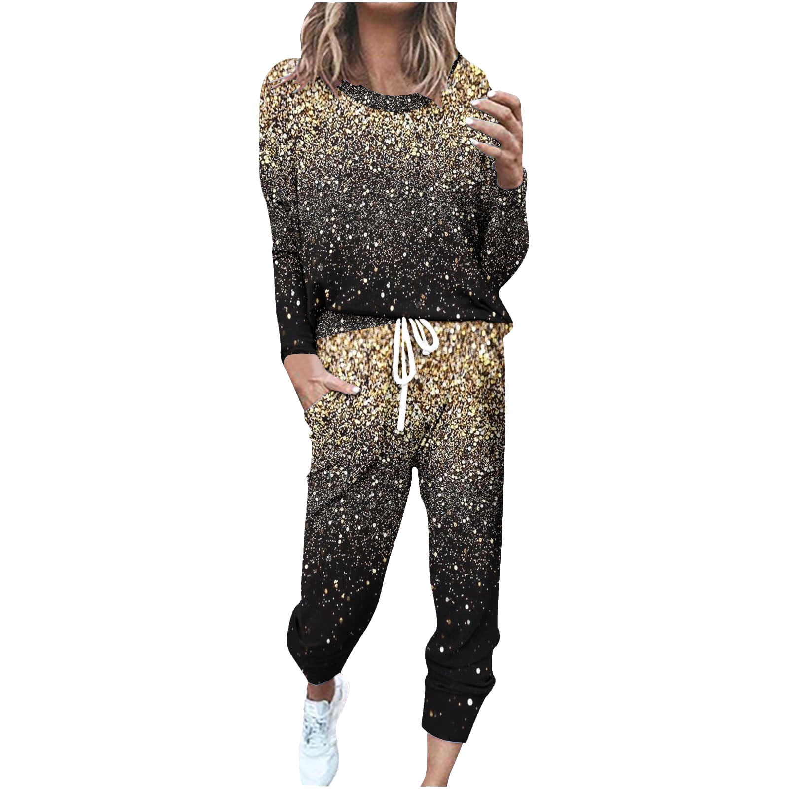 Womens 2 Piece Outfits Sequins Print Long Sleeve Pullover Tops and ...