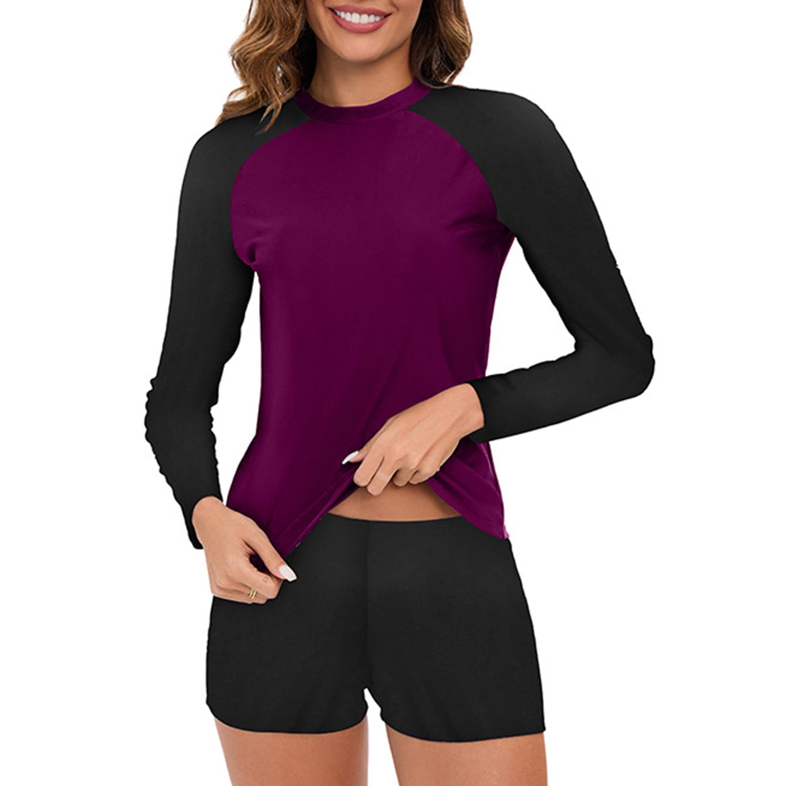 Womens 2 Piece Rash Guard Swimsuits Long Sleeve UV UPF 50+ Swim Shirt ...