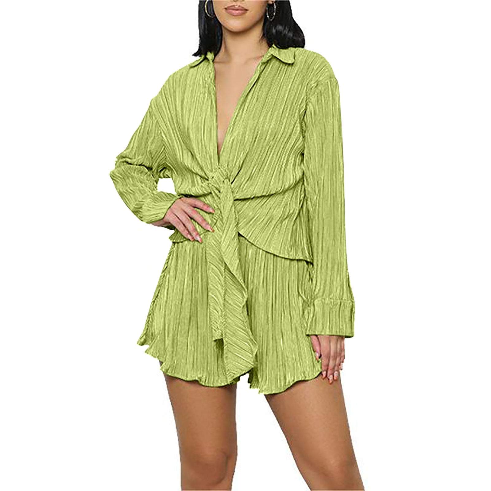 Womens 2 Piece Shorts Sets Fashion Dressy Long Sleeve Wrinkle Pleated ...