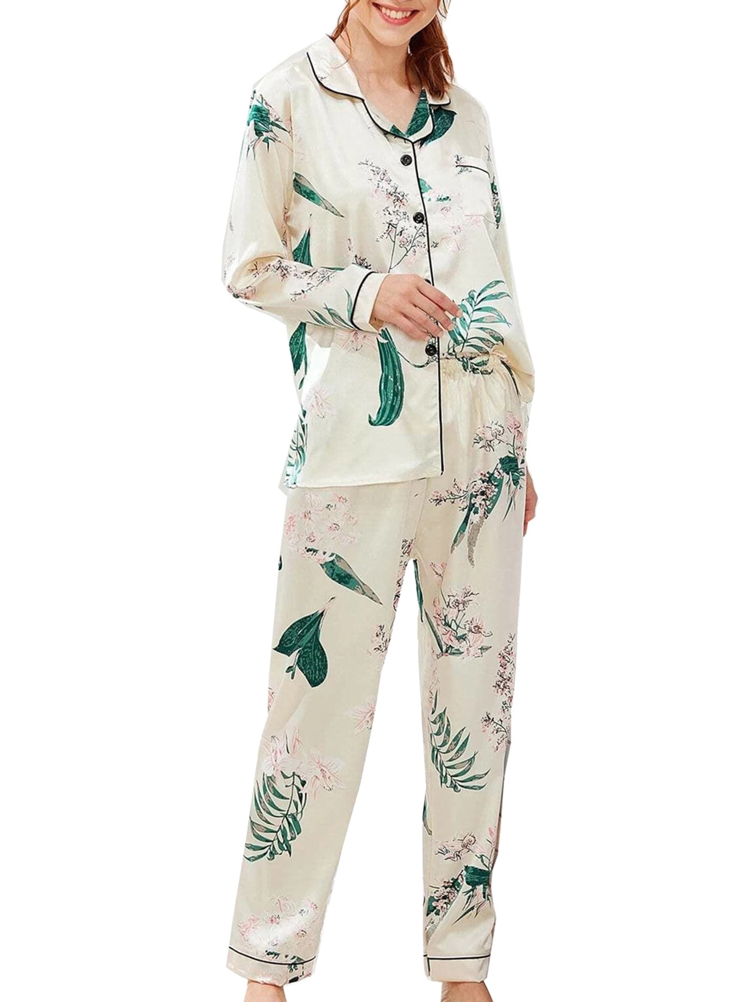 Womens 2 Piece Silk Satin Pajama Set Long Sleeve Lounge Sets Button ...