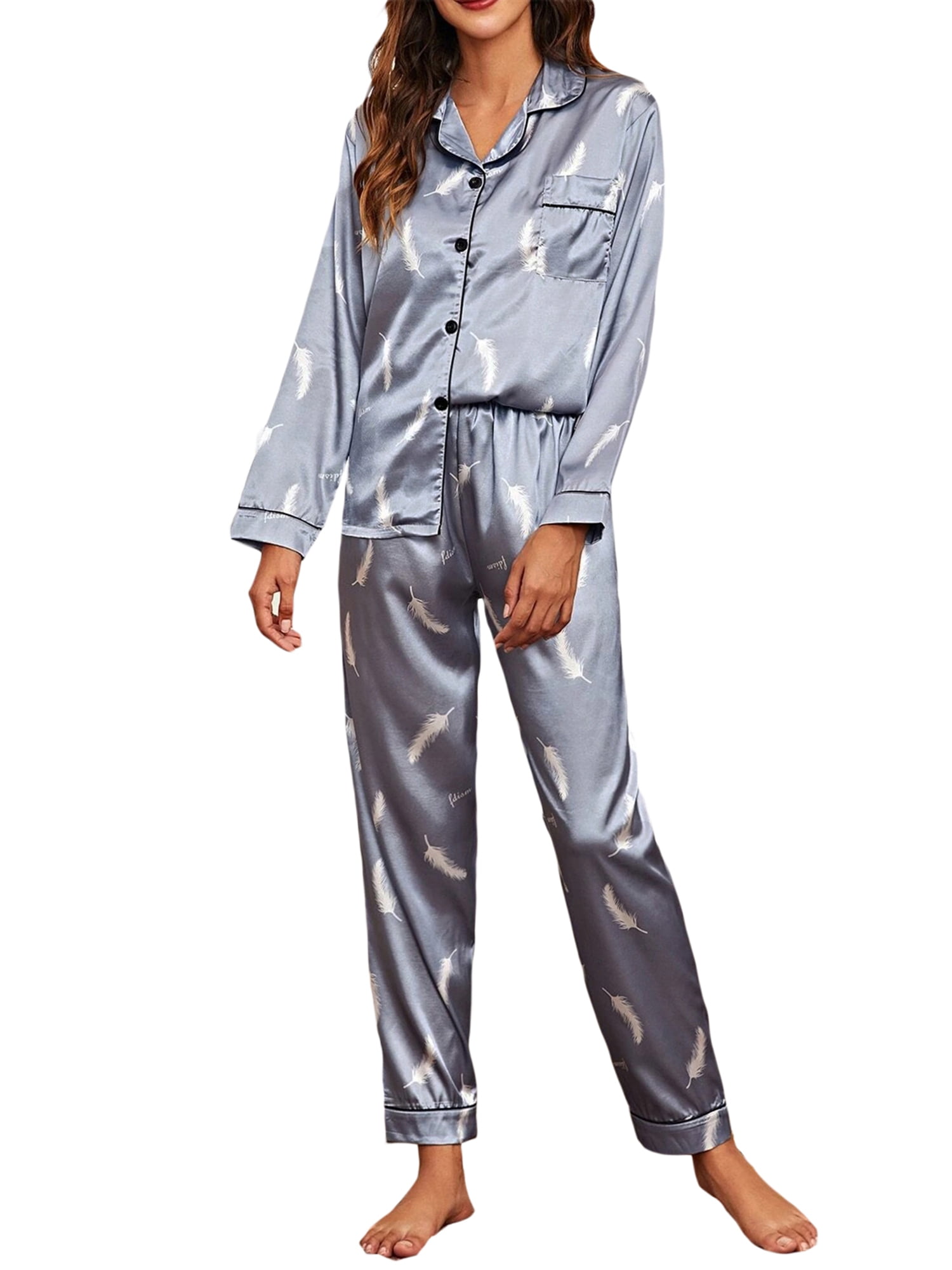 Womens 2 Piece Silk Satin Pajama Set Long Sleeve Lounge Sets Button ...